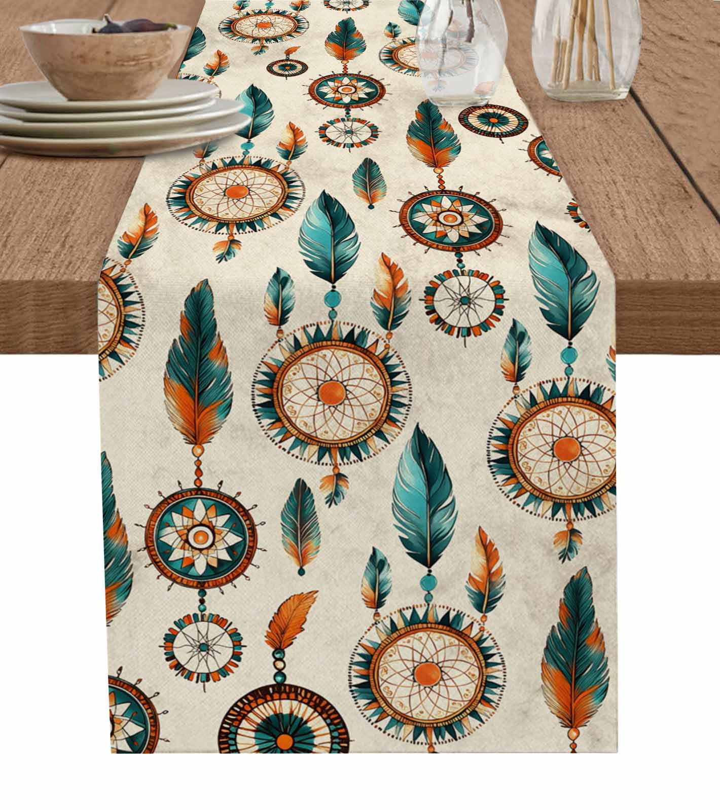 Boanket Geometric Feathers Table Runner - 120 Inch Long, Kitchen Dining ...