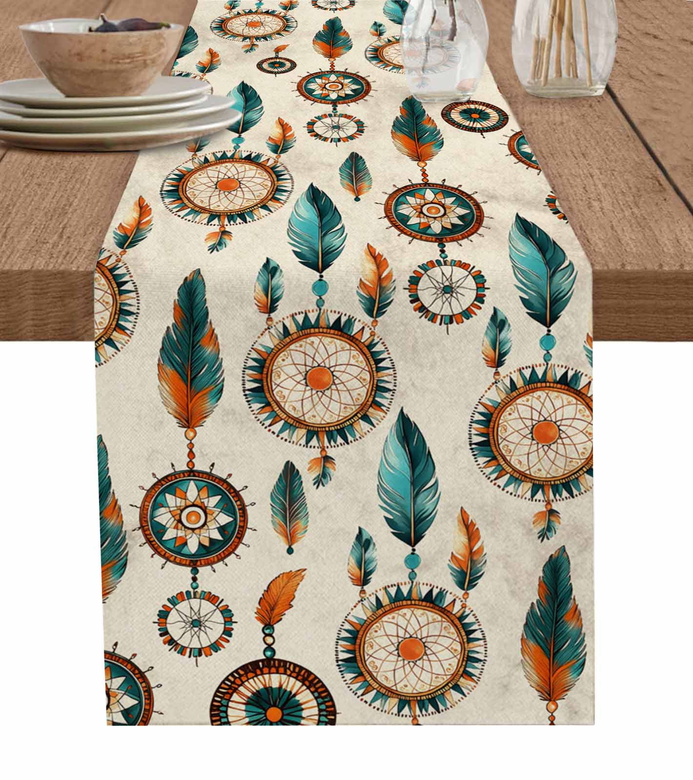 Boanket Geometric Feathers Table Runner - 60 Inch Long, Kitchen Dining Table Runner Dresser ...