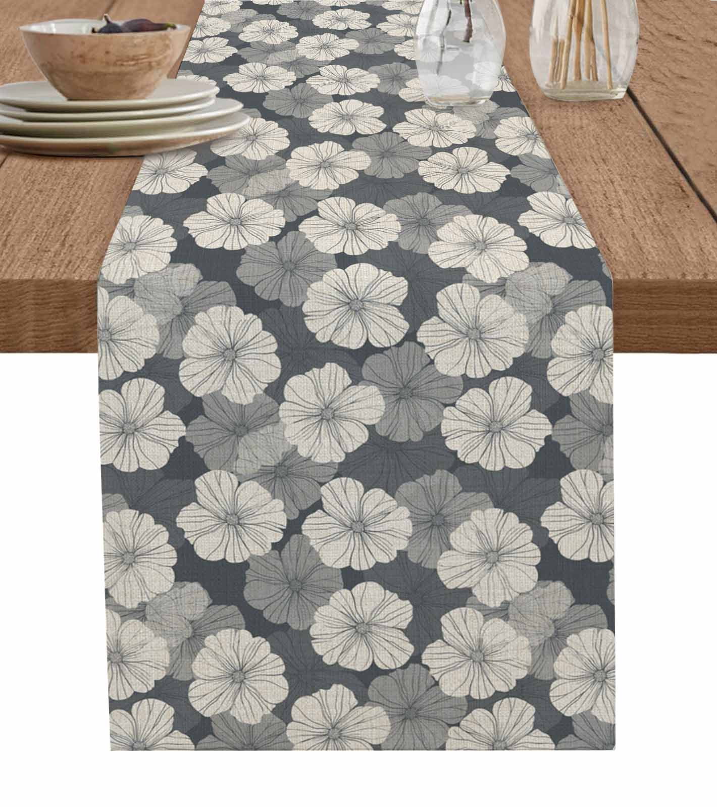Boanket Gray Flowers Table Runner - 70 Inch Long, Kitchen Dining Table ...