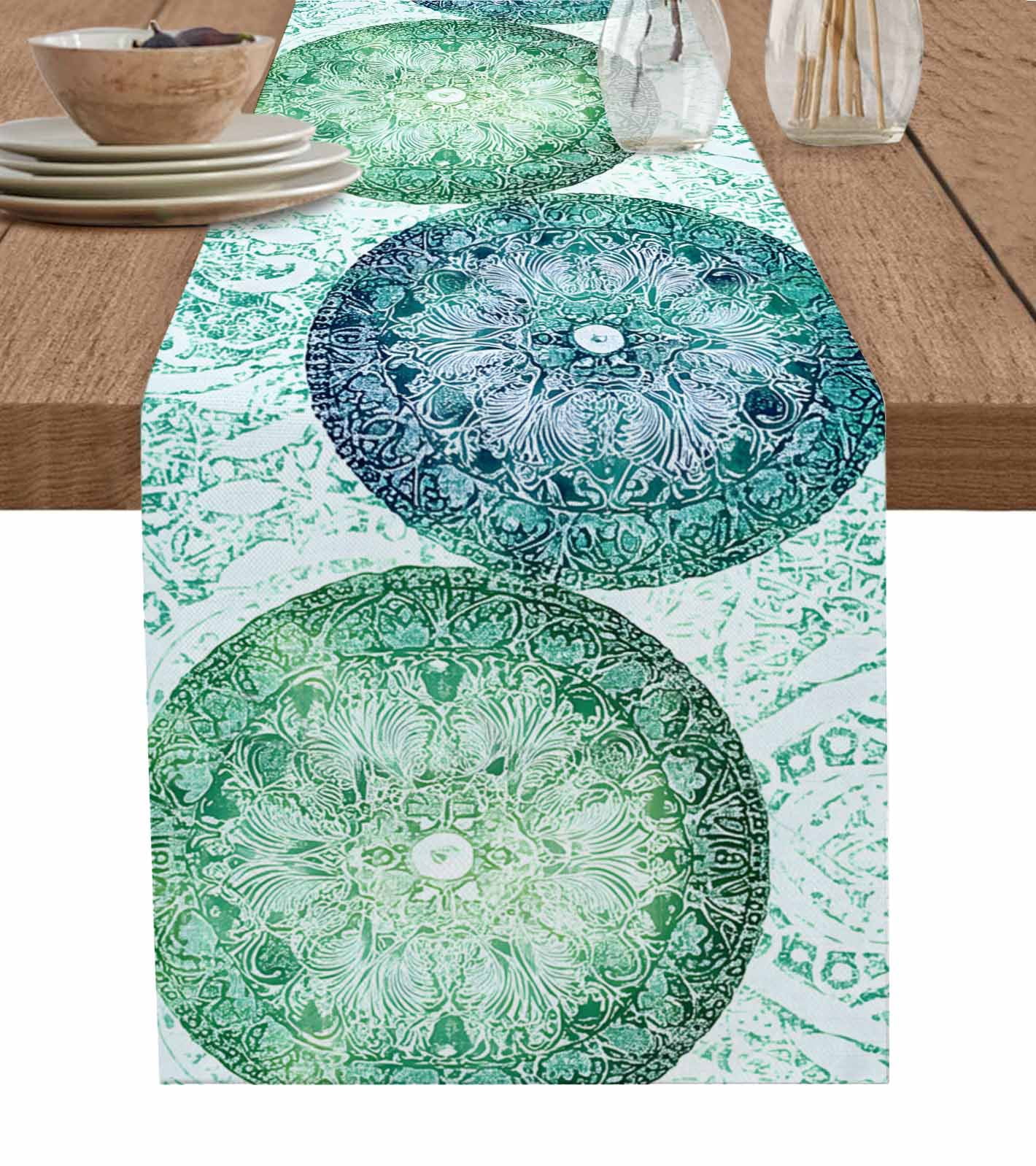 Boanket Green Floral Circle Table Runner - 108 Inch Long, Kitchen ...