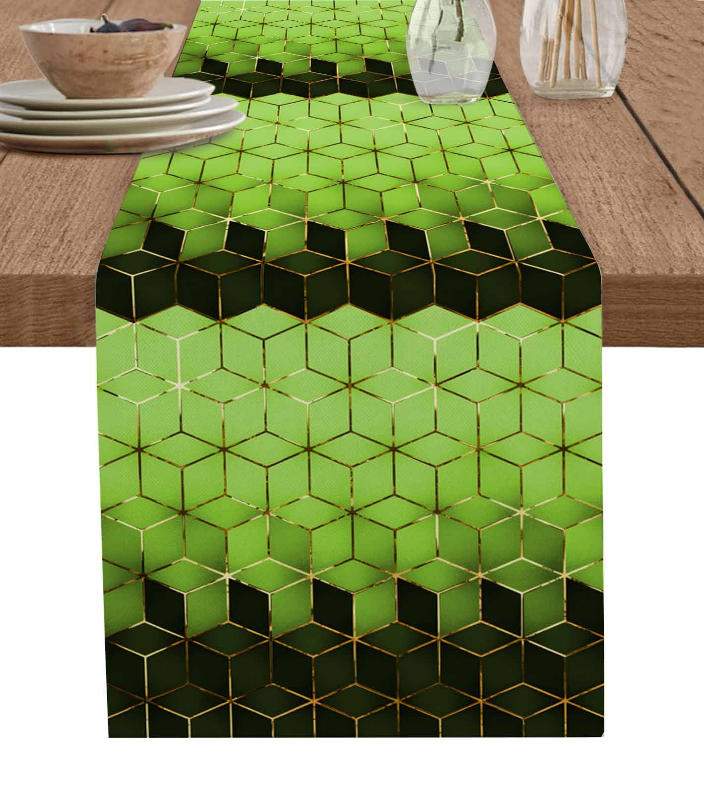 Boanket Green Geometric Table Runner - 48 Inch Long, Kitchen Dining ...