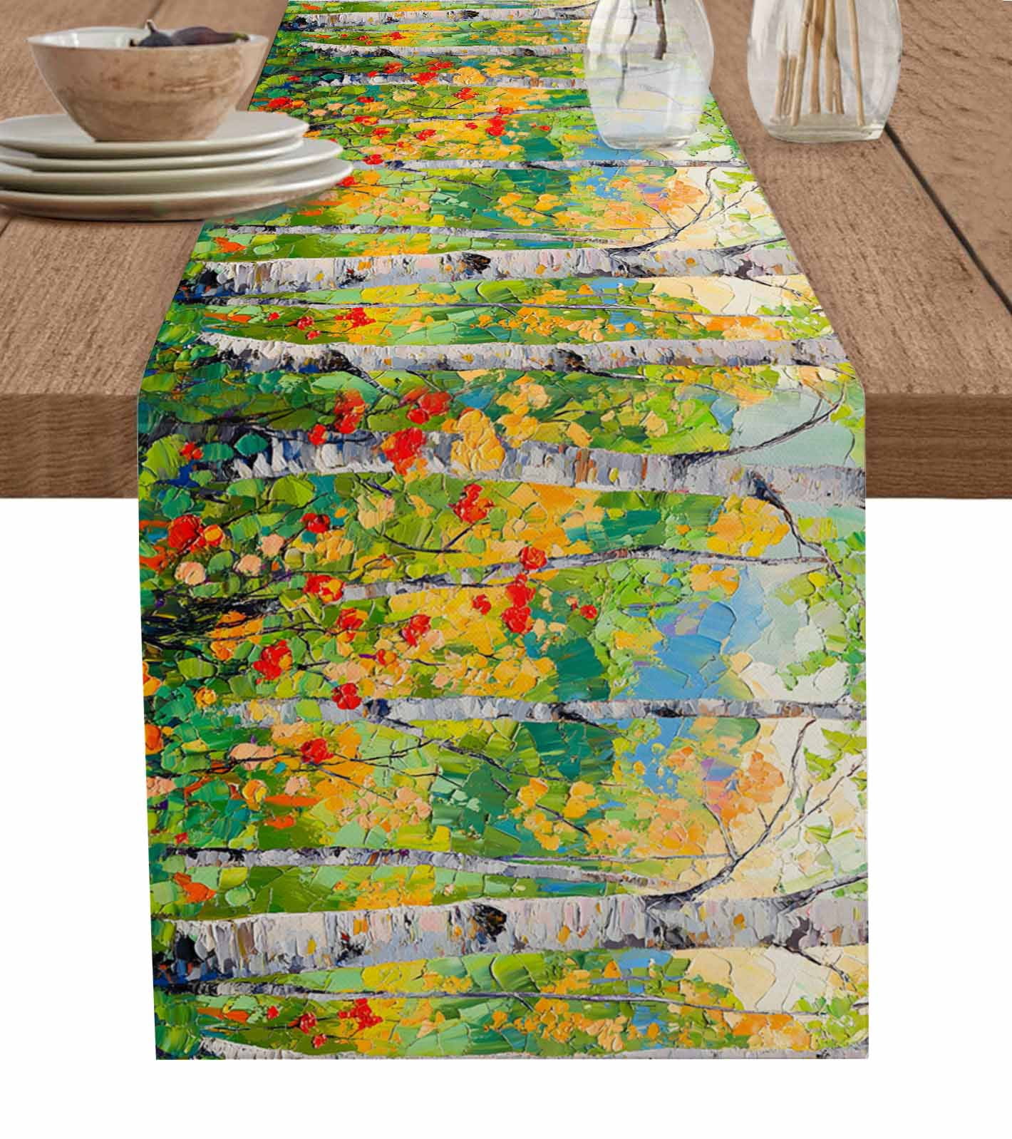 Boanket Green Oil Painting Table Runner - 120 Inch Long, Kitchen Dining ...