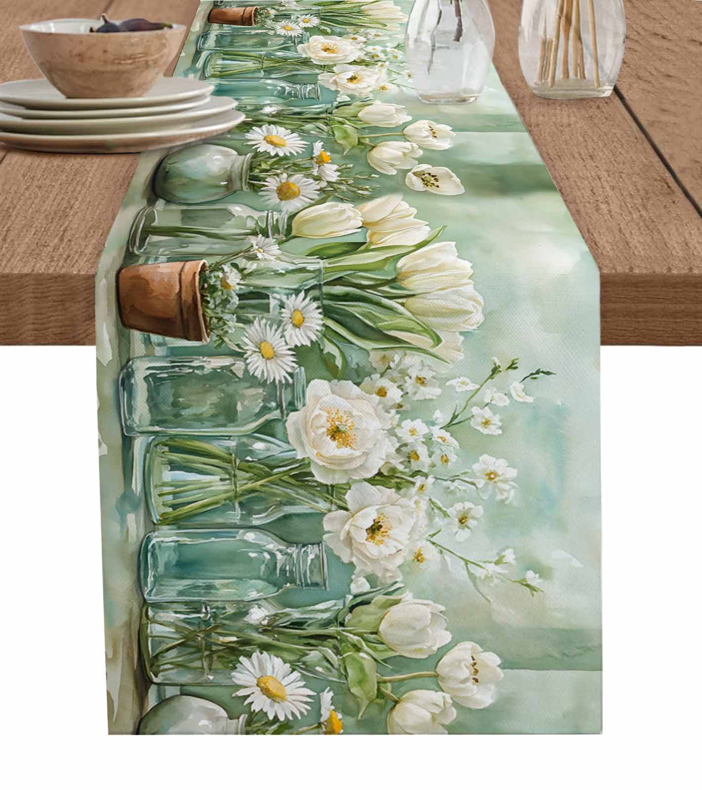 Boanket Green Spring Floral Table Runner - 108 Inch Long, Kitchen ...