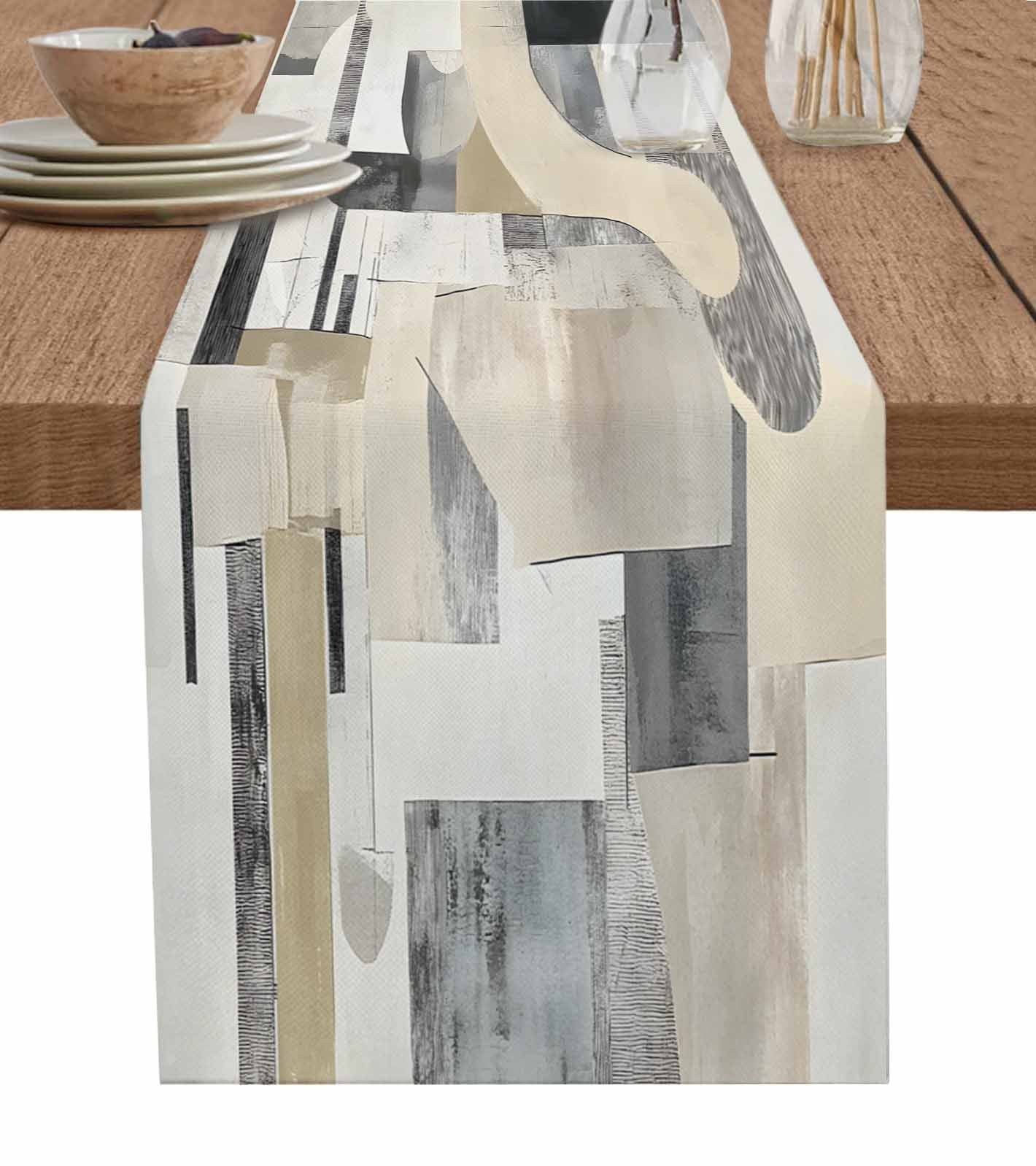 Boanket Grey Beige Abstract Table Runner - 70 Inch Long, Kitchen Dining ...