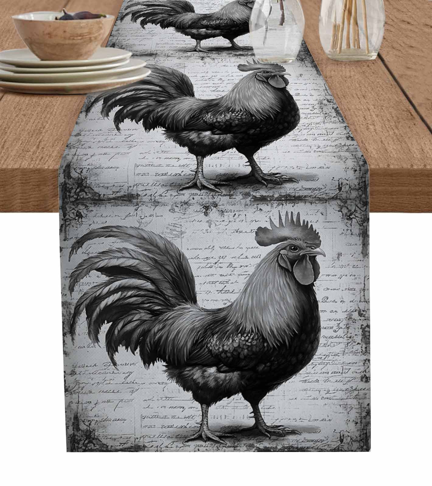 Boanket Grey Retro Rooster Table Runner - 90 Inch Long, Kitchen Dining ...