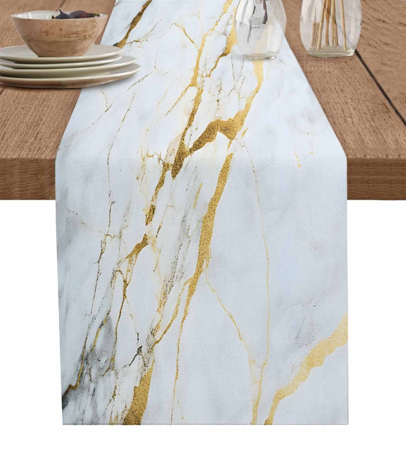 Boanket Marble White Gold Table Runner - 108 Inch Long, Kitchen Dining ...