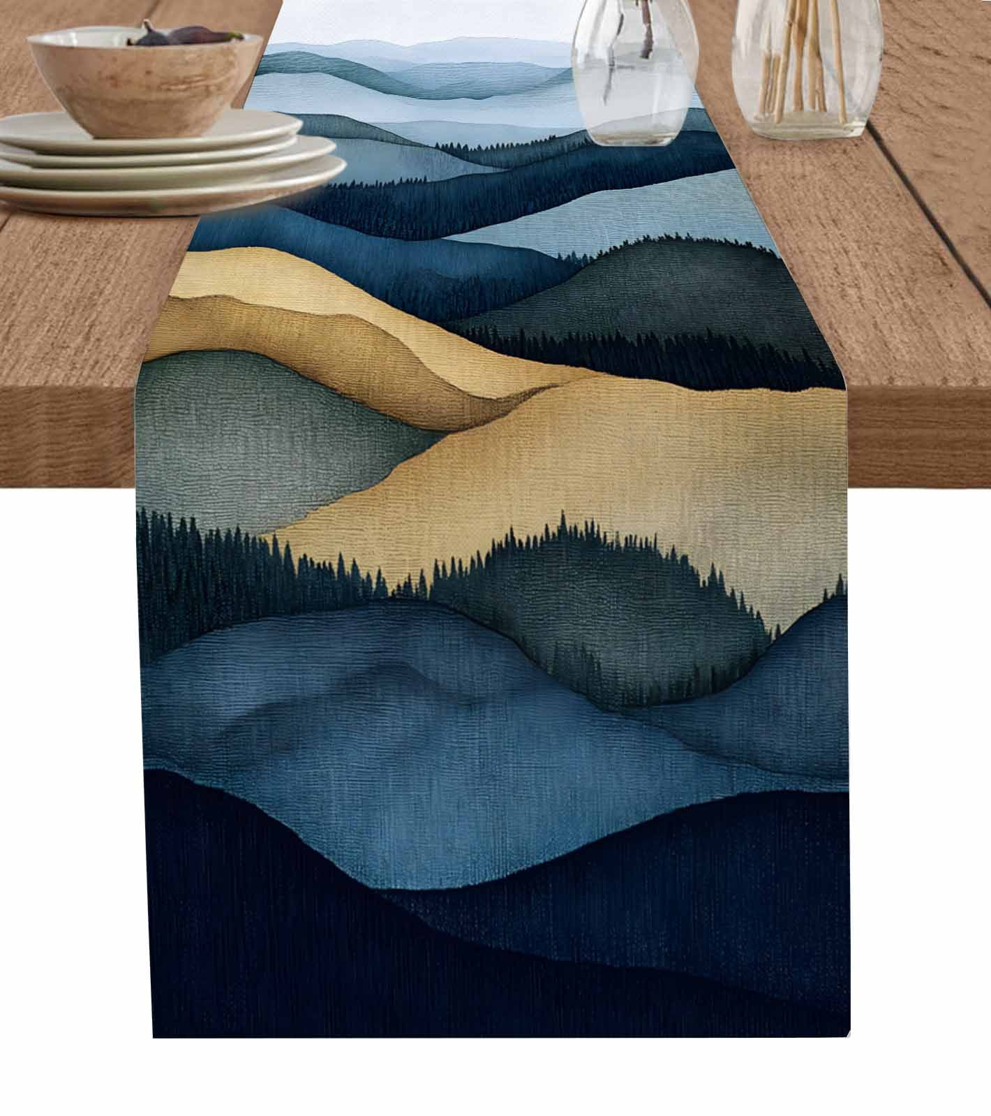 Boanket Mountains Blue Gold Table Runner - 90 Inch Long, Kitchen Dining ...