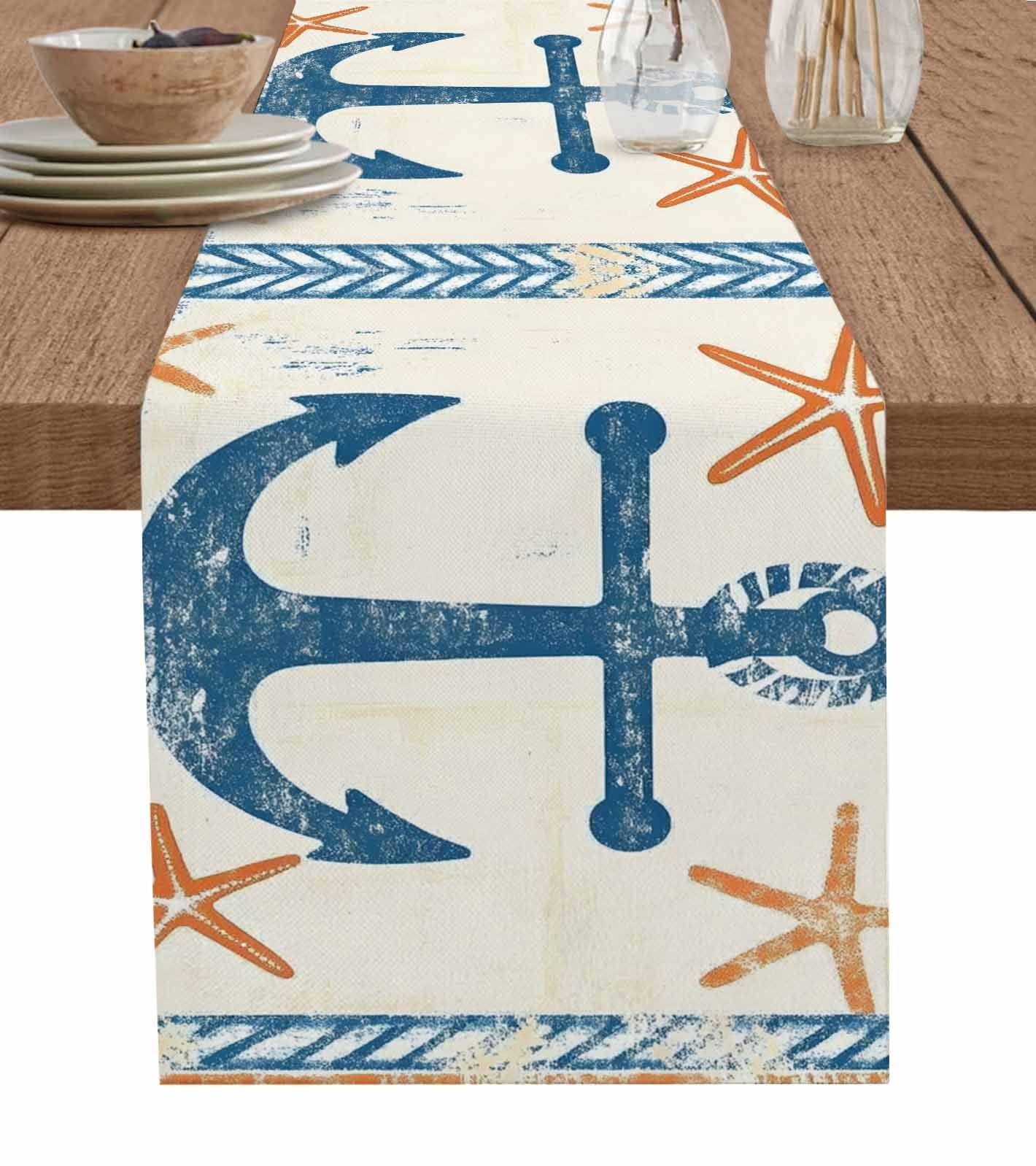 Boanket Nautical Anchor Blue Table Runner - 90 Inch Long, Kitchen ...