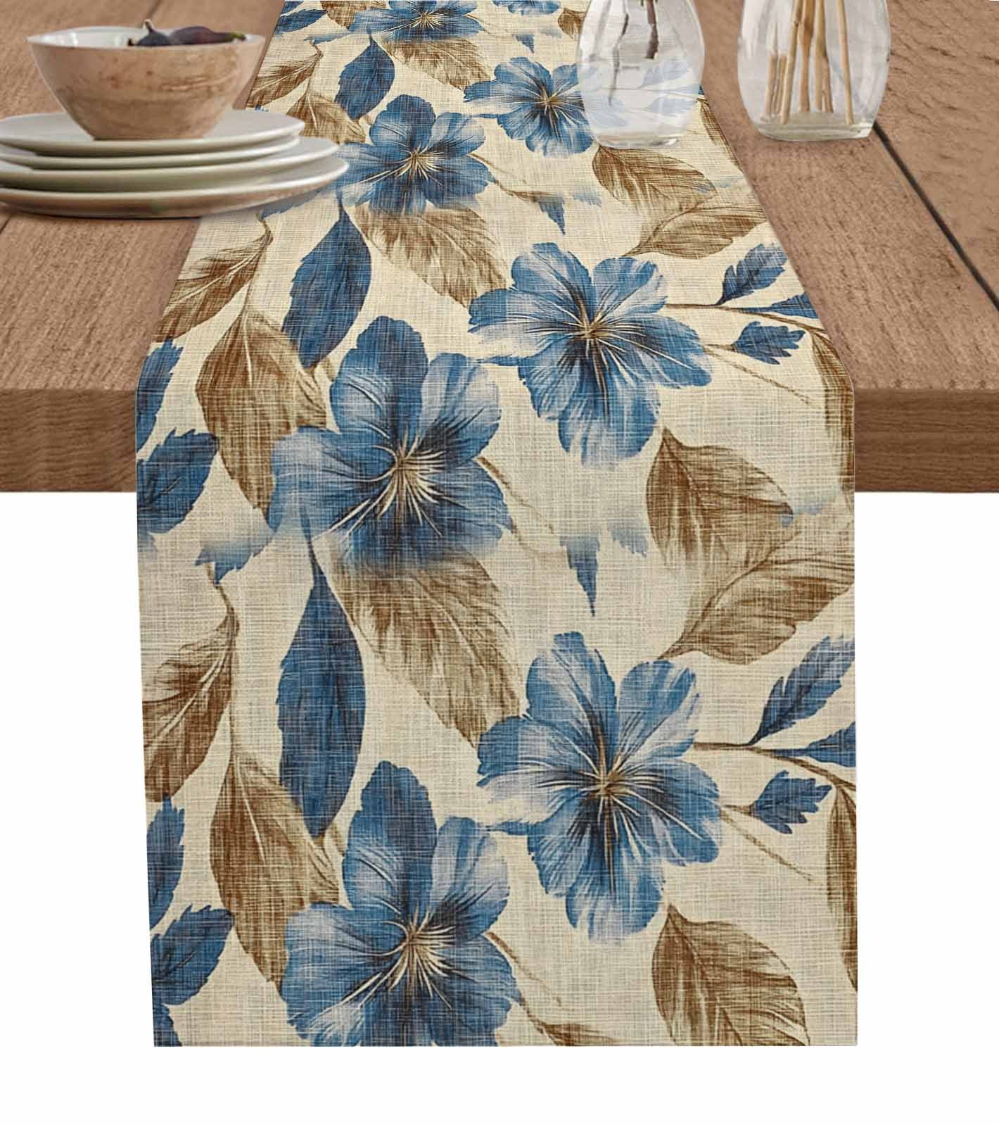Boanket Navy Blue Brown Floral Table Runner - 70 Inch Long, Kitchen ...
