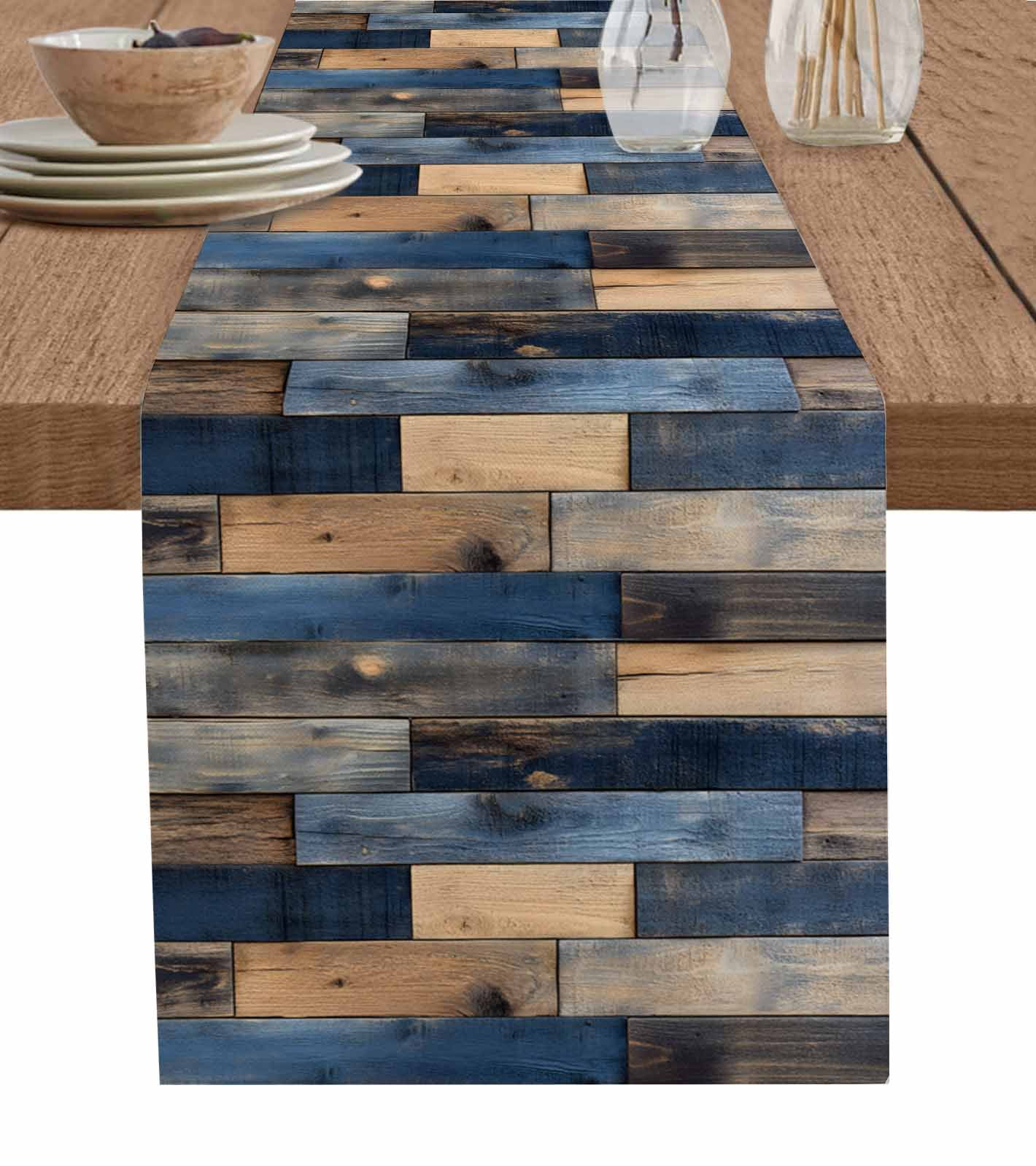 Boanket Navy Blue Brown Wood Table Runner - 108 Inch Long, Kitchen ...
