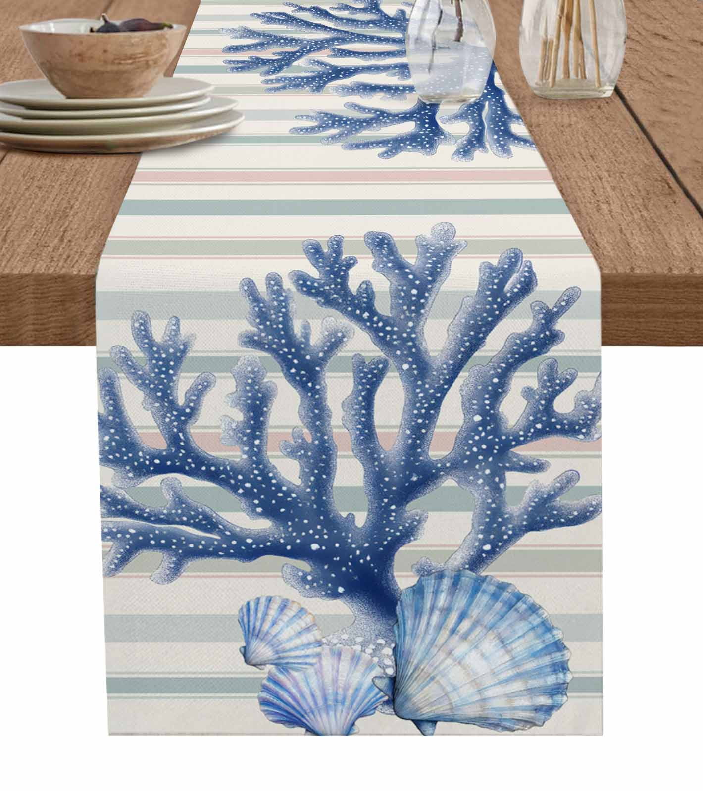 Boanket Navy Blue Coral Table Runner - 72 Inch Long, Kitchen Dining ...