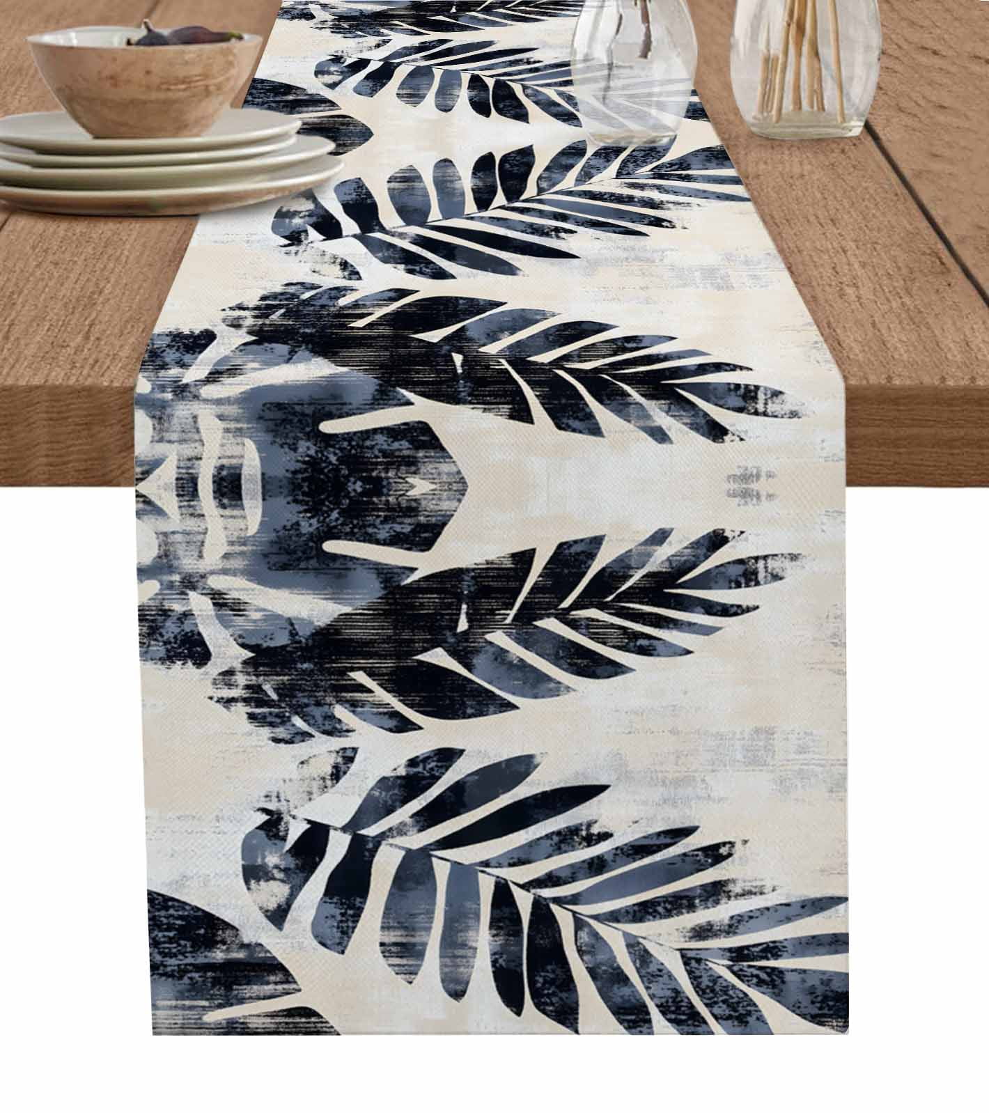 Boanket Navy Blue Palm Leaf Table Runner - 108 Inch Long, Kitchen ...