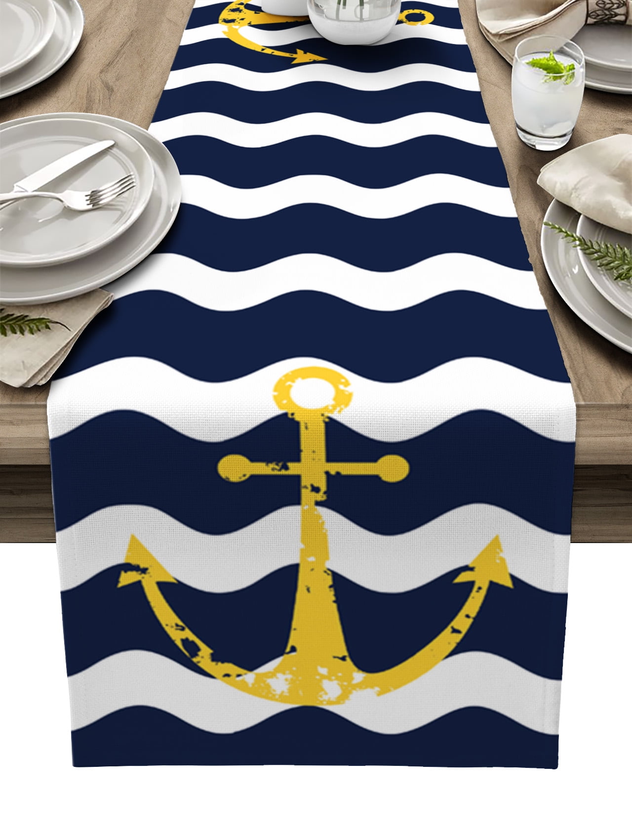 Boanket Navy Ripple Table Runner - 120 Inch Long, Kitchen Dining Table ...