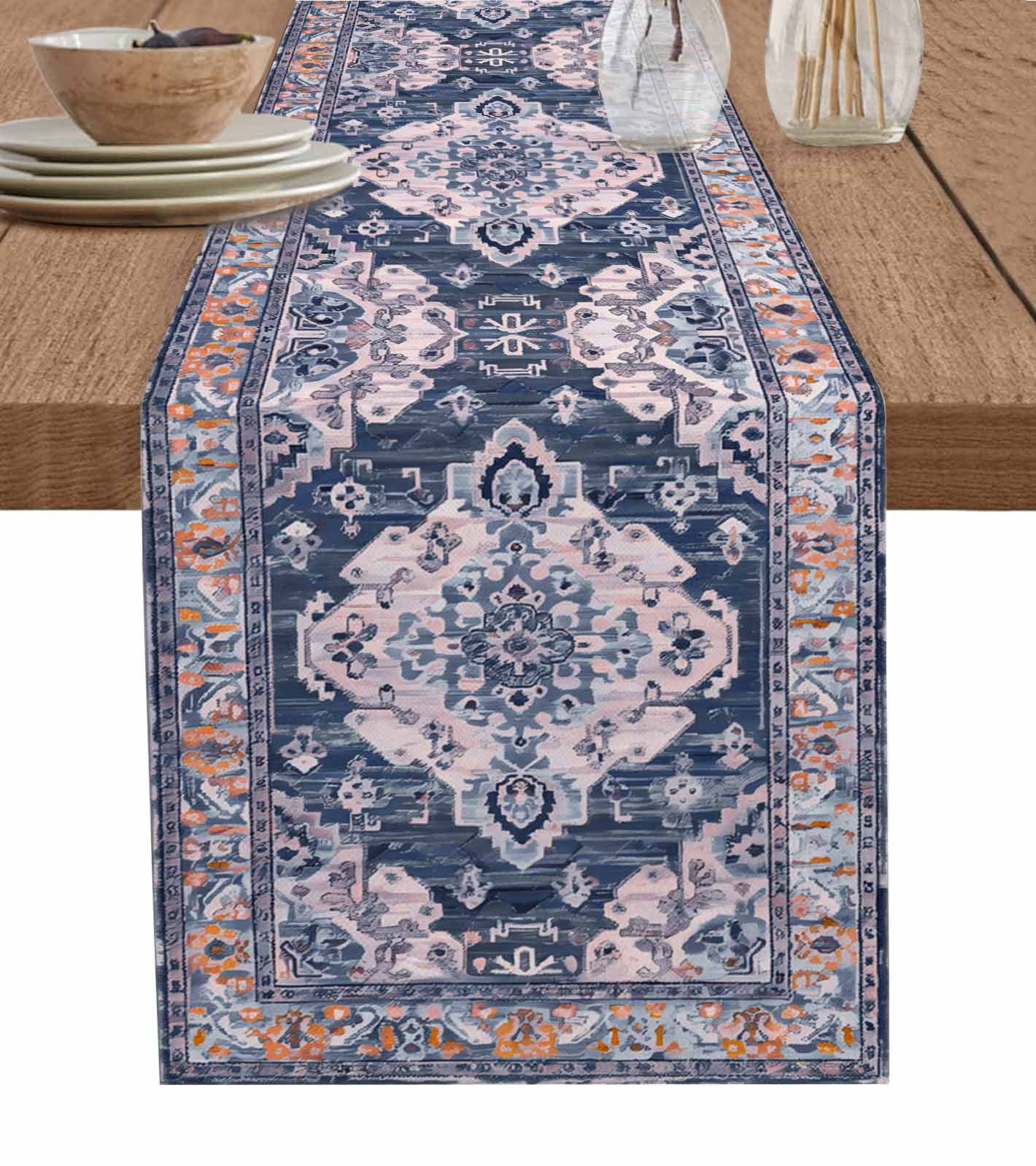 Boanket Orange Blue Boho Table Runner - 70 Inch Long, Kitchen Dining ...