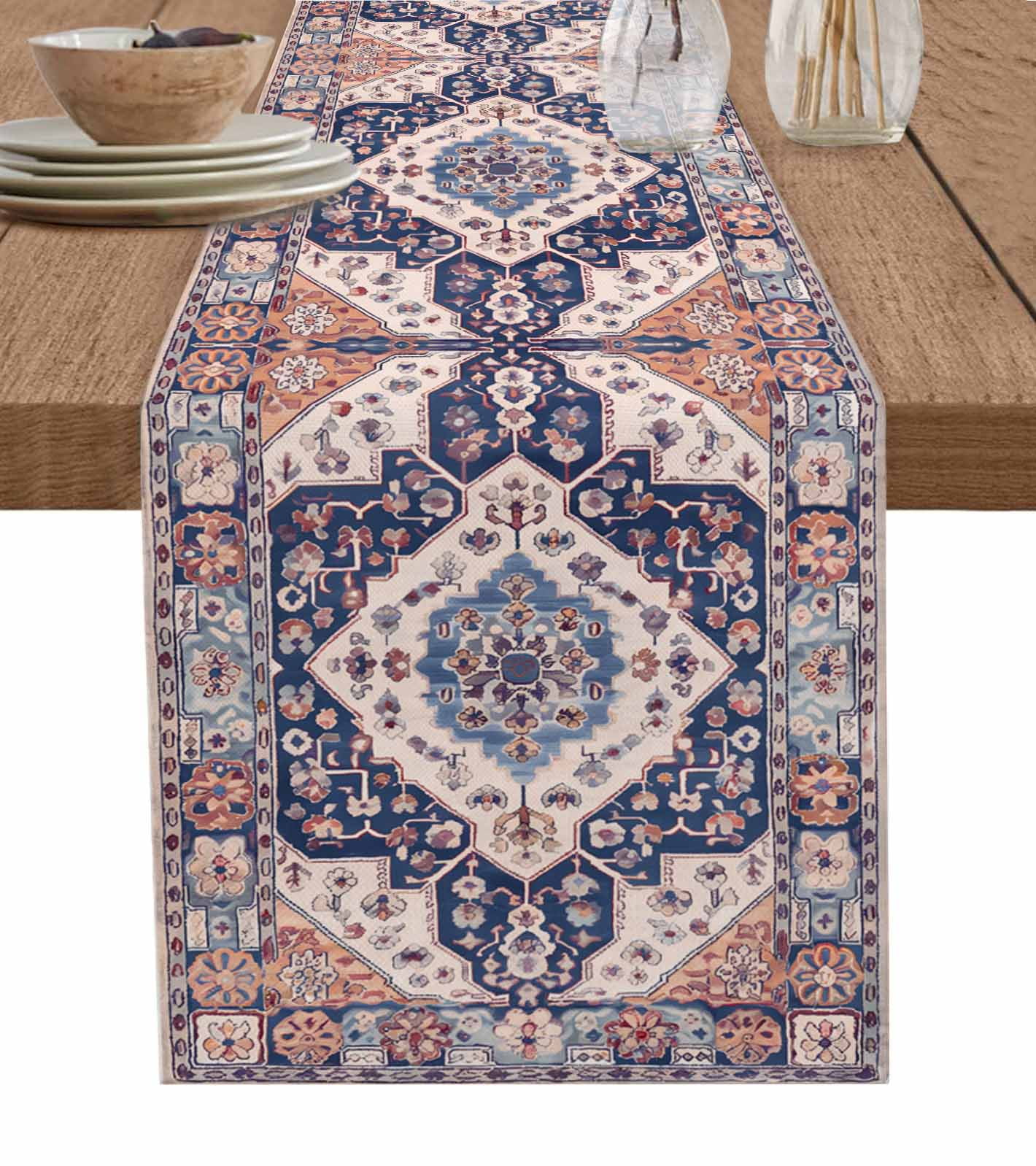 Boanket Orange Blue Boho Table Runner - 70 Inch Long, Kitchen Dining ...