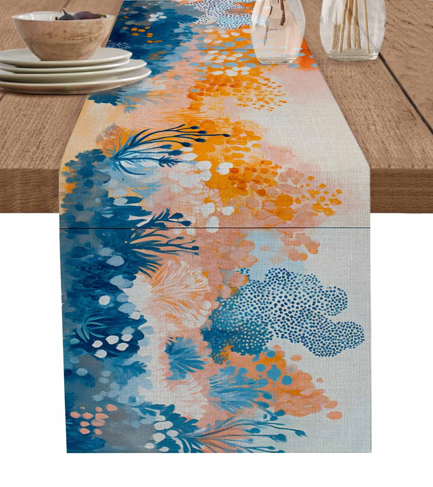 Boanket Orange Blue Botanical Table Runner - 48 Inch Long, Kitchen ...