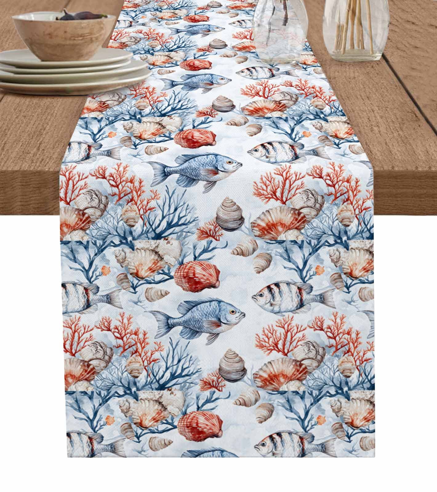 Boanket Orange Blue Coral Table Runner - 60 Inch Long, Kitchen Dining ...