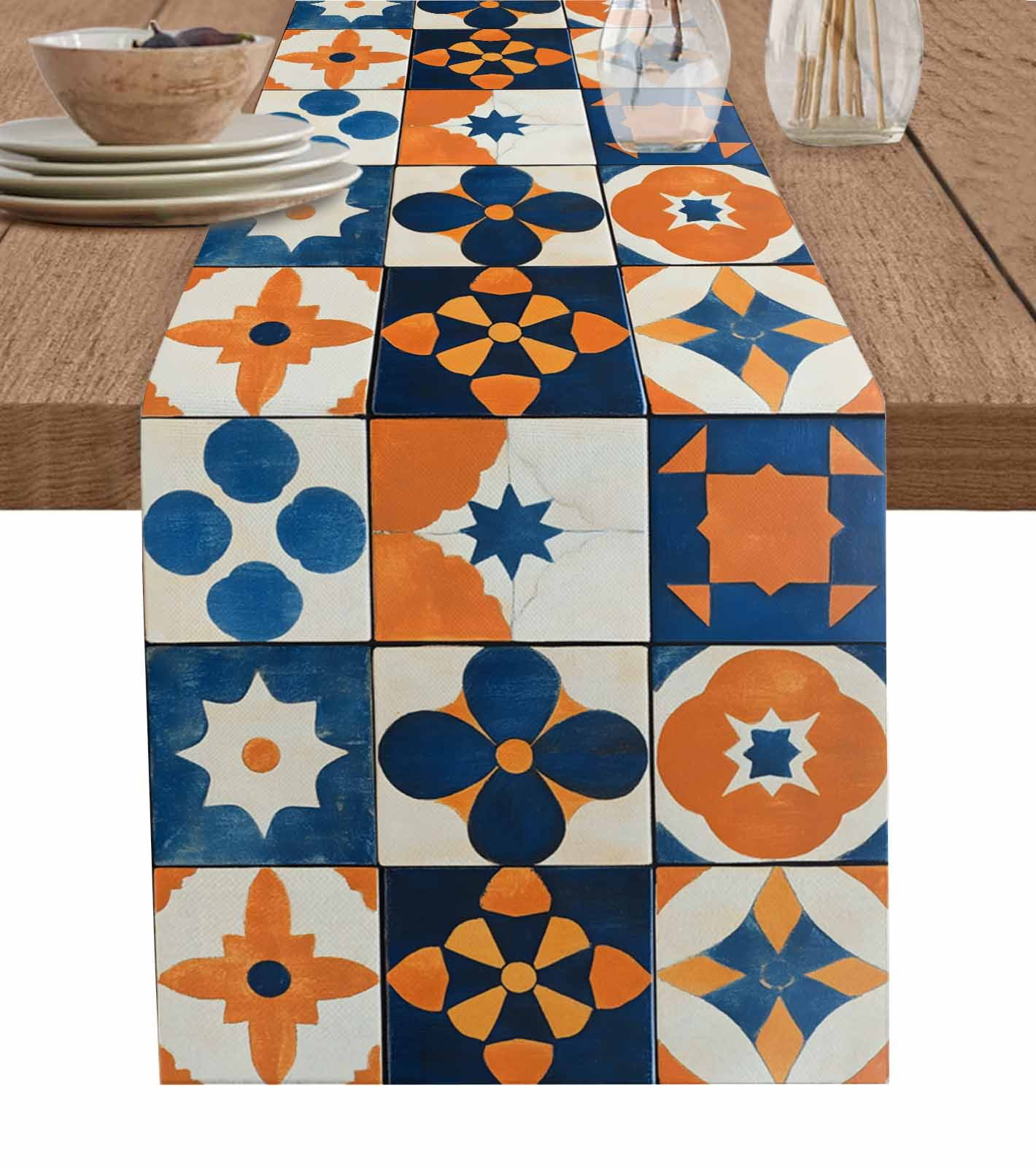 Boanket Orange Blue Geometric Table Runner - 72 Inch Long, Kitchen ...
