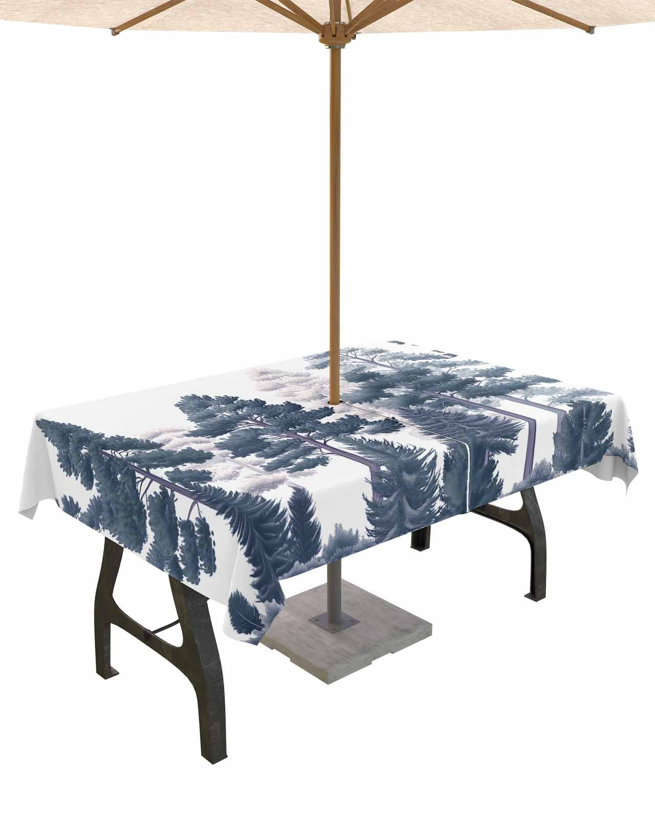 Boanket Outdoor Tablecloth with Umbrella Hole for Patio/Picnic/Party/Camping, Blue Forests Tree ...
