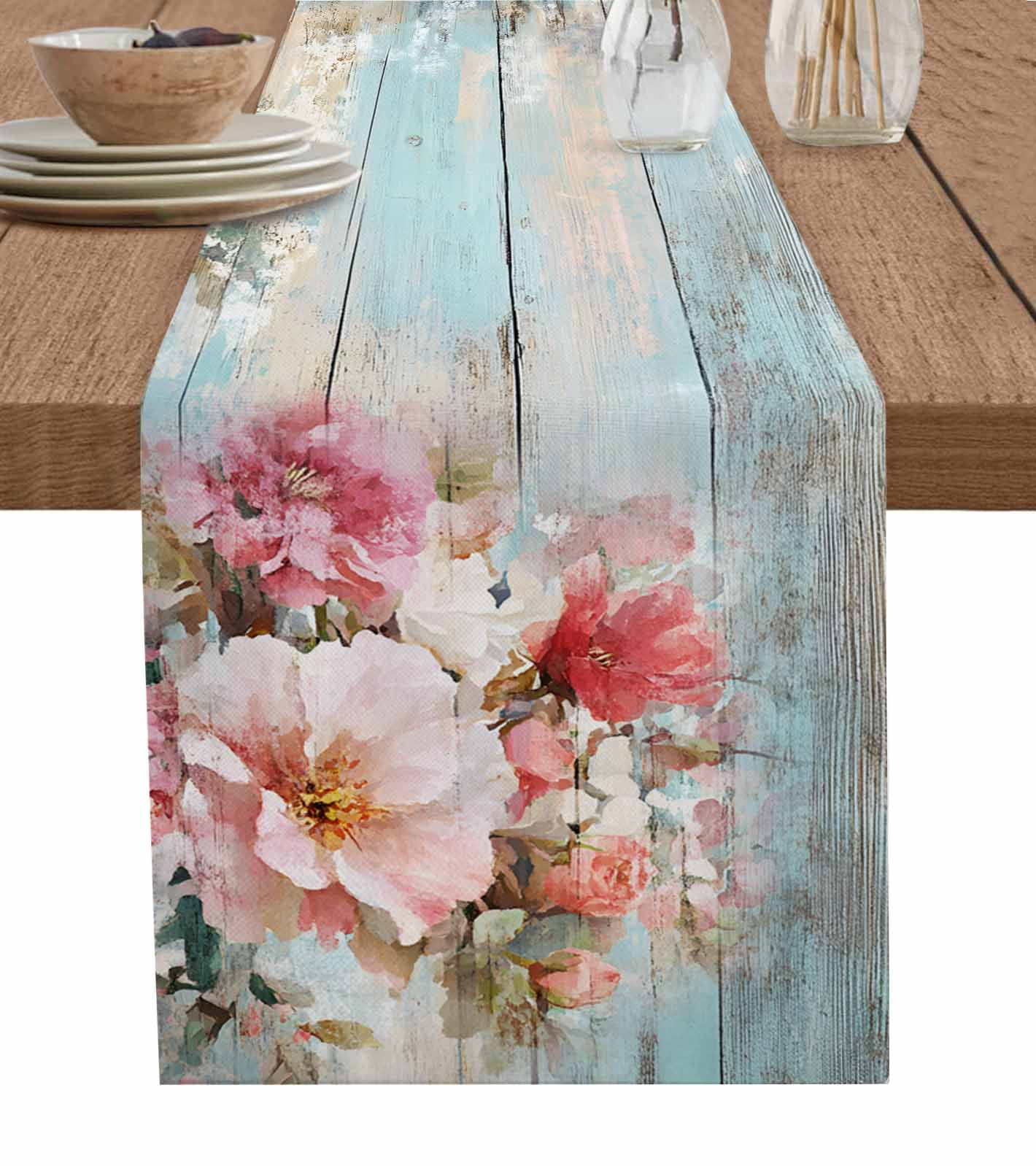 Boanket Pink Floral Table Runner - 60 Inch Long, Kitchen Dining Table ...