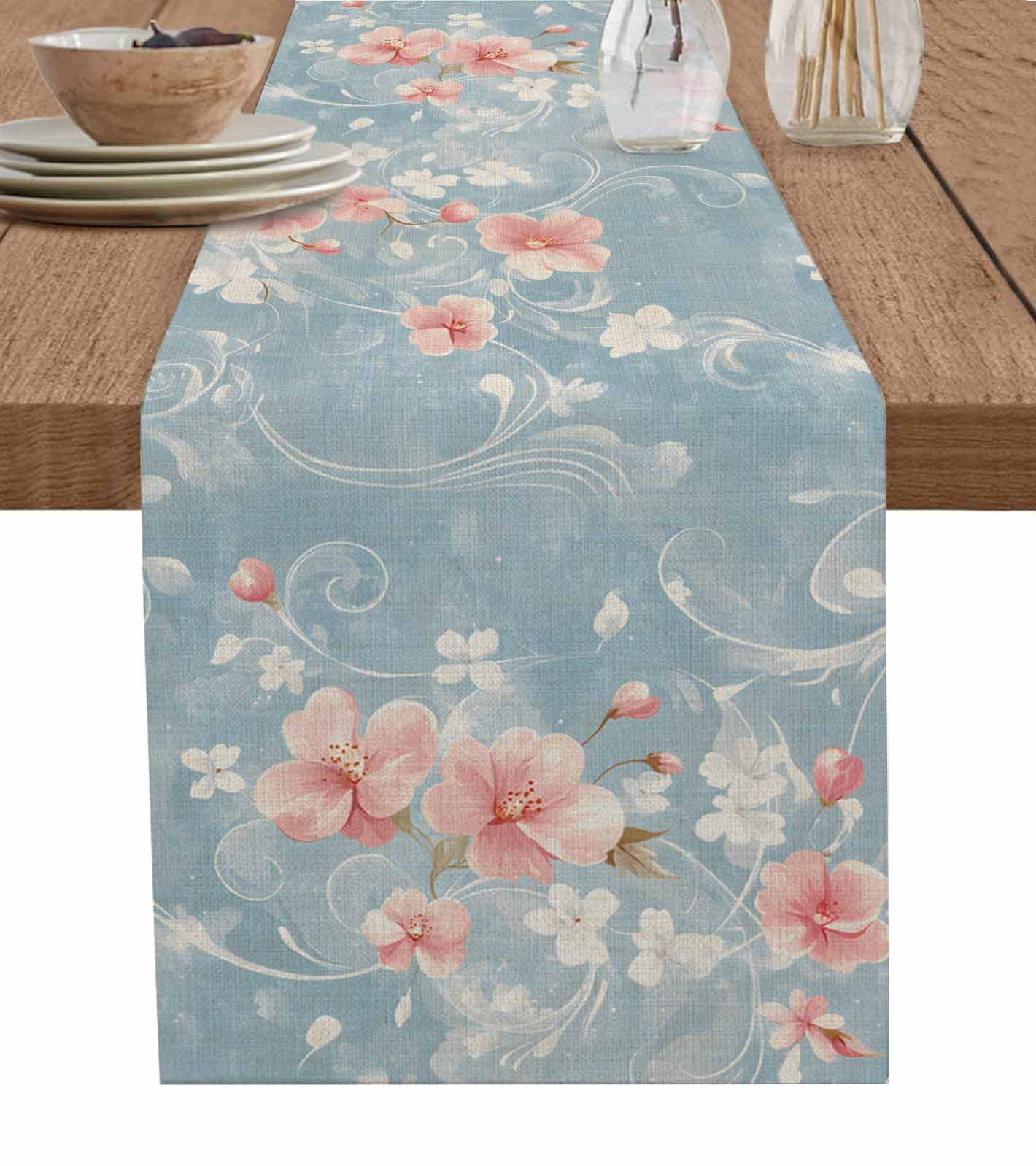 Boanket Pink Flowers Table Runner - 48 Inch Long, Kitchen Dining Table ...