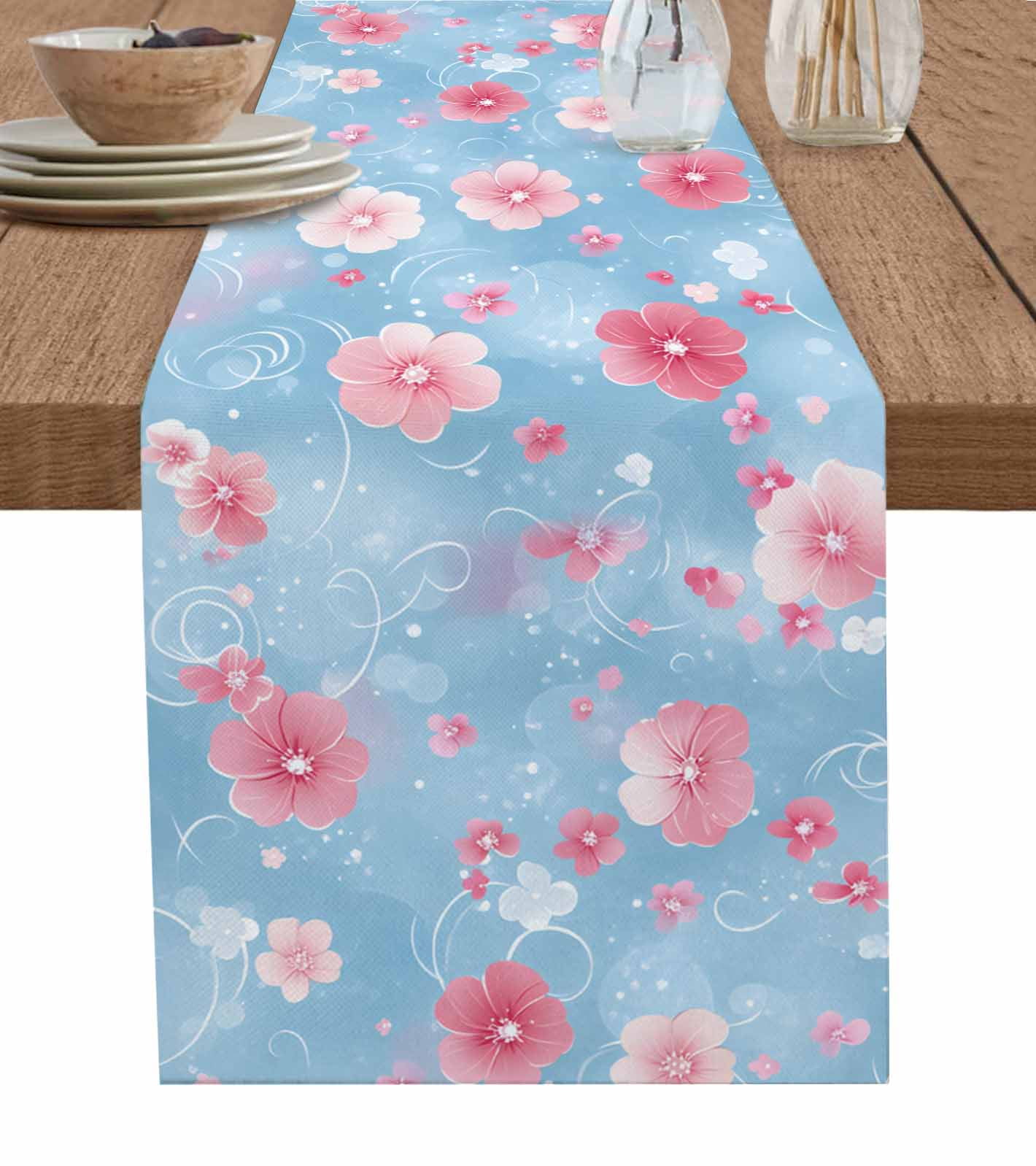 Boanket Pink Flowers Table Runner - 60 Inch Long, Kitchen Dining Table ...