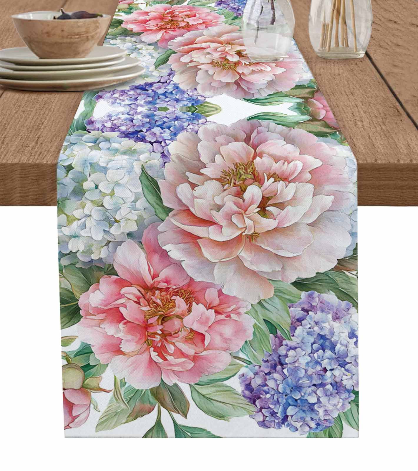 Boanket Pink Hydrangea Blossom Table Runner - 60 Inch Long, Kitchen ...