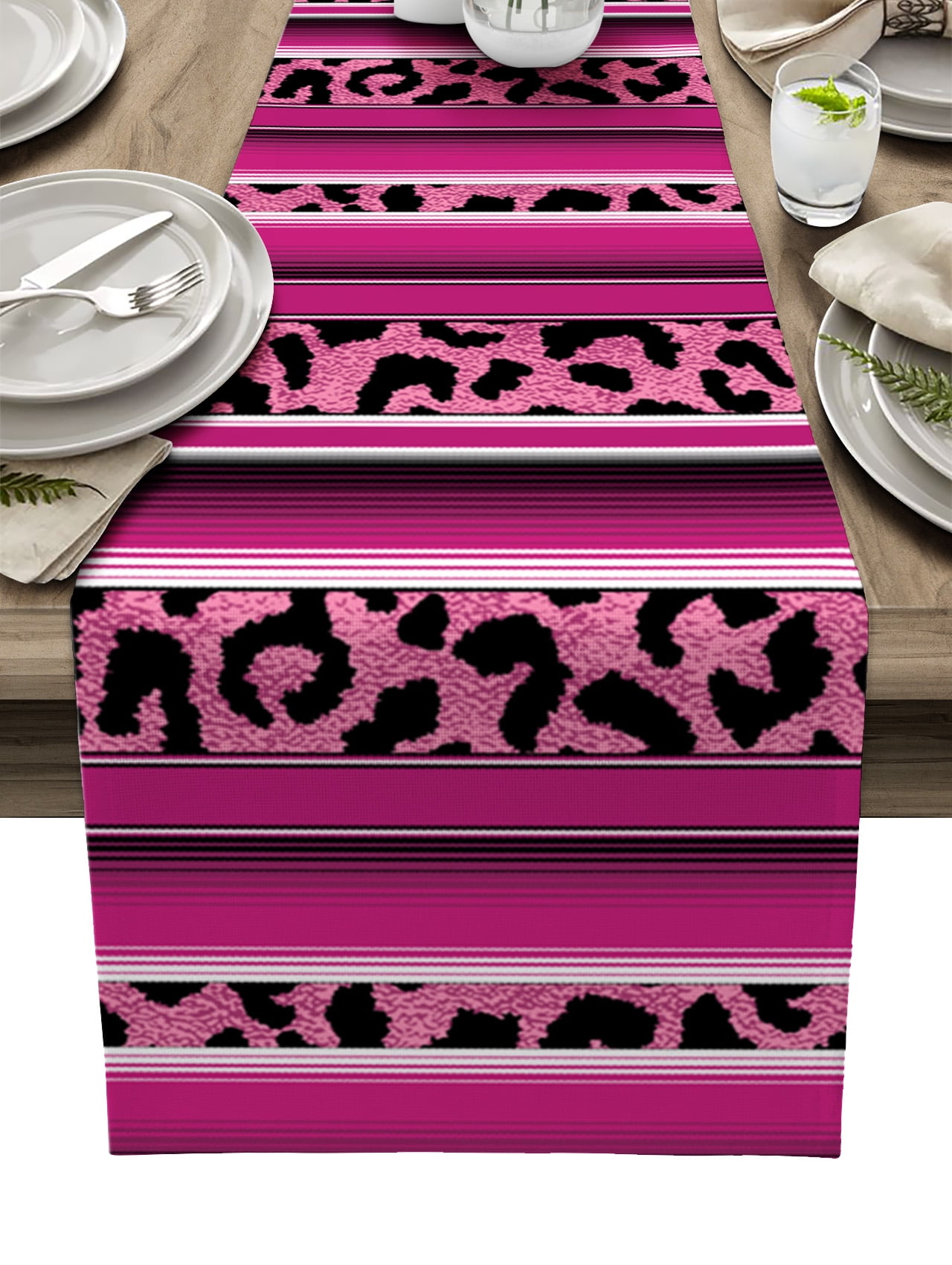 Boanket Pink Plaid Leopard Print Table Runner - 60 Inch Long, Kitchen ...