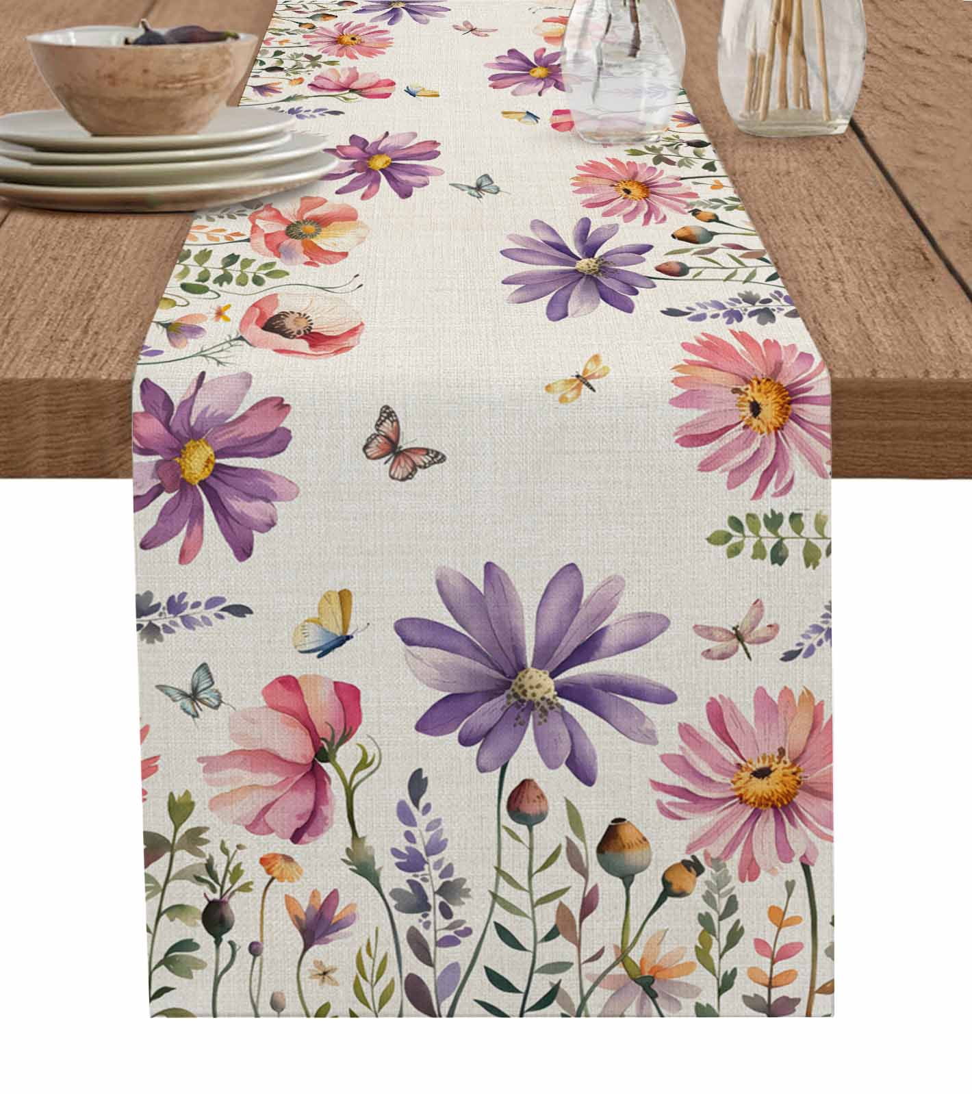 Boanket Pink Purple Flowers Table Runner - 108 Inch Long, Kitchen ...