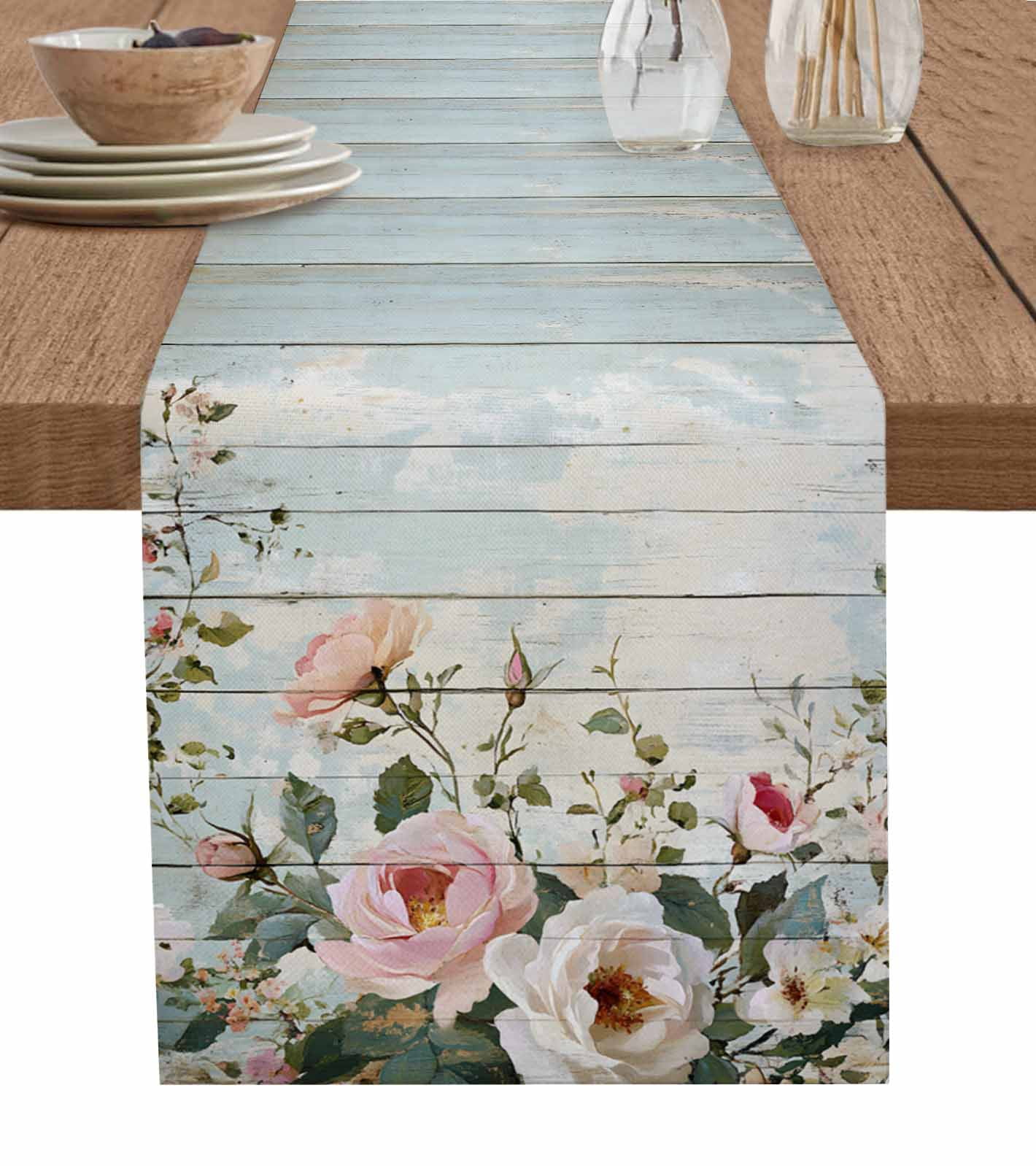 Boanket Pink White Floral Table Runner - 108 Inch Long, Kitchen Dining ...