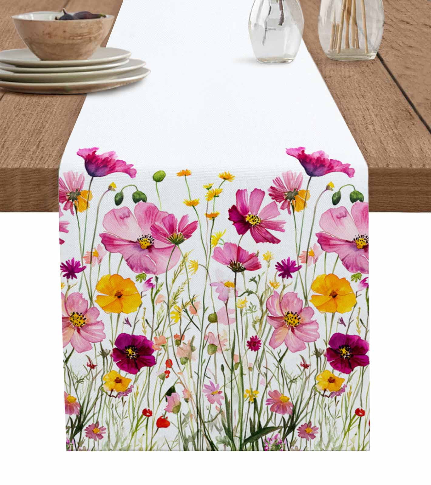 Boanket Pink Yellow Flowers Table Runner - 90 Inch Long, Kitchen Dining ...