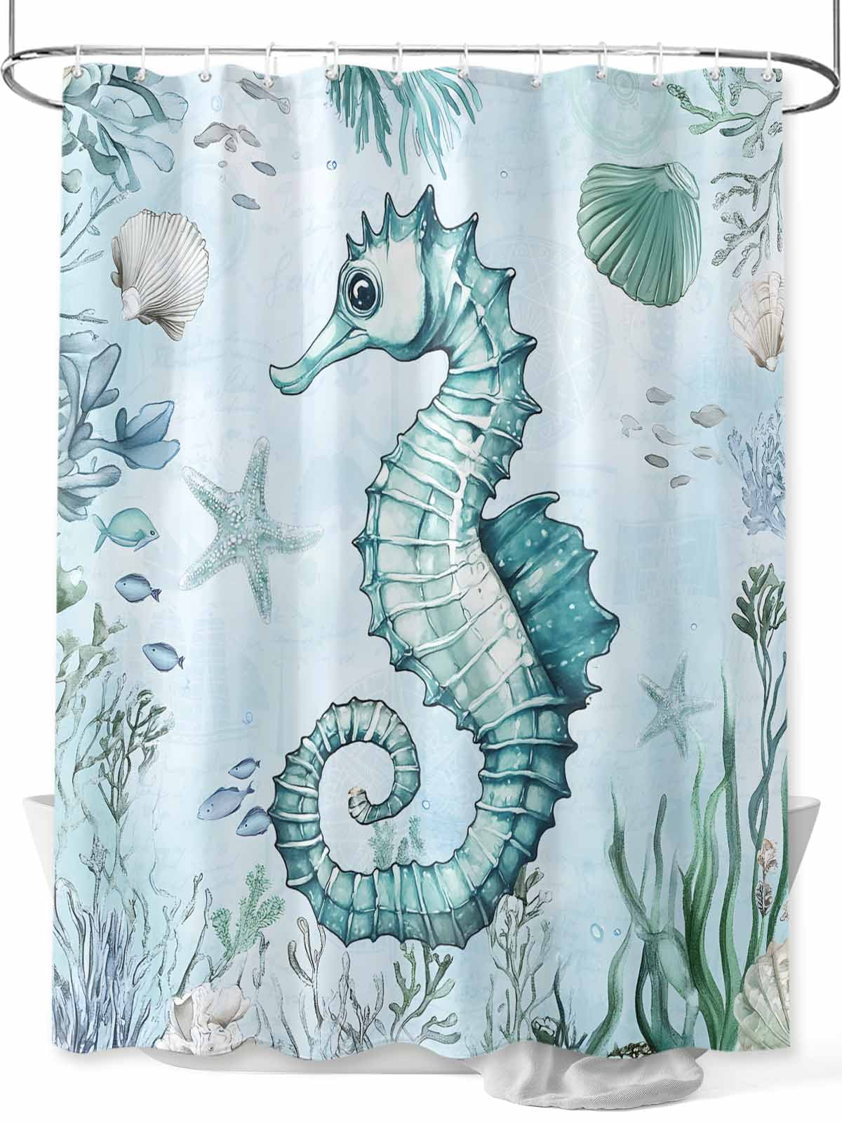 Boanket Polyester Fabric Coastal Seahorse Shower Curtain, Ocean Nautical Starfish Seashells ...