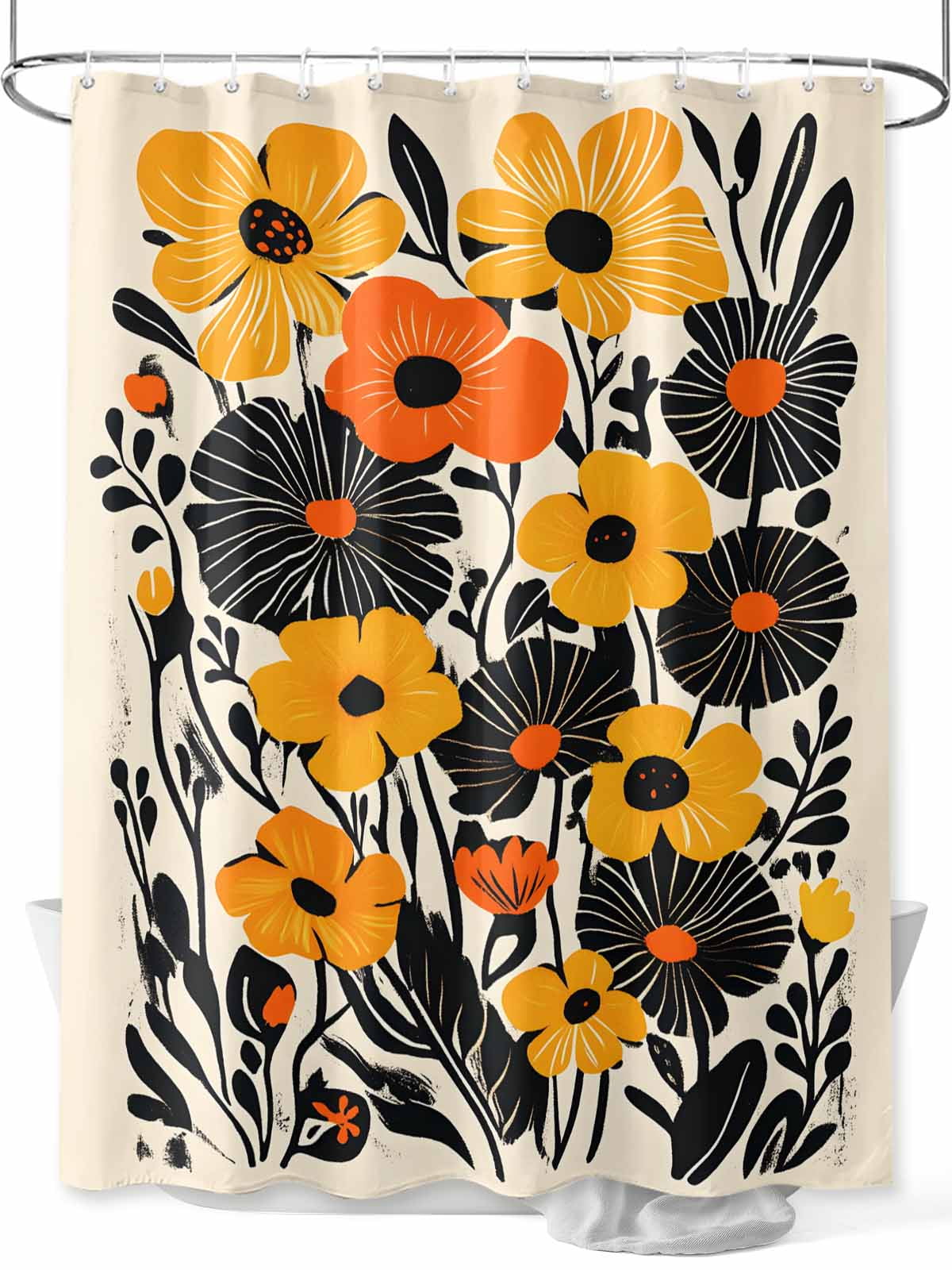 Boanket Polyester Fabric Orange Yellow Black Shower Curtain, Botanical ...