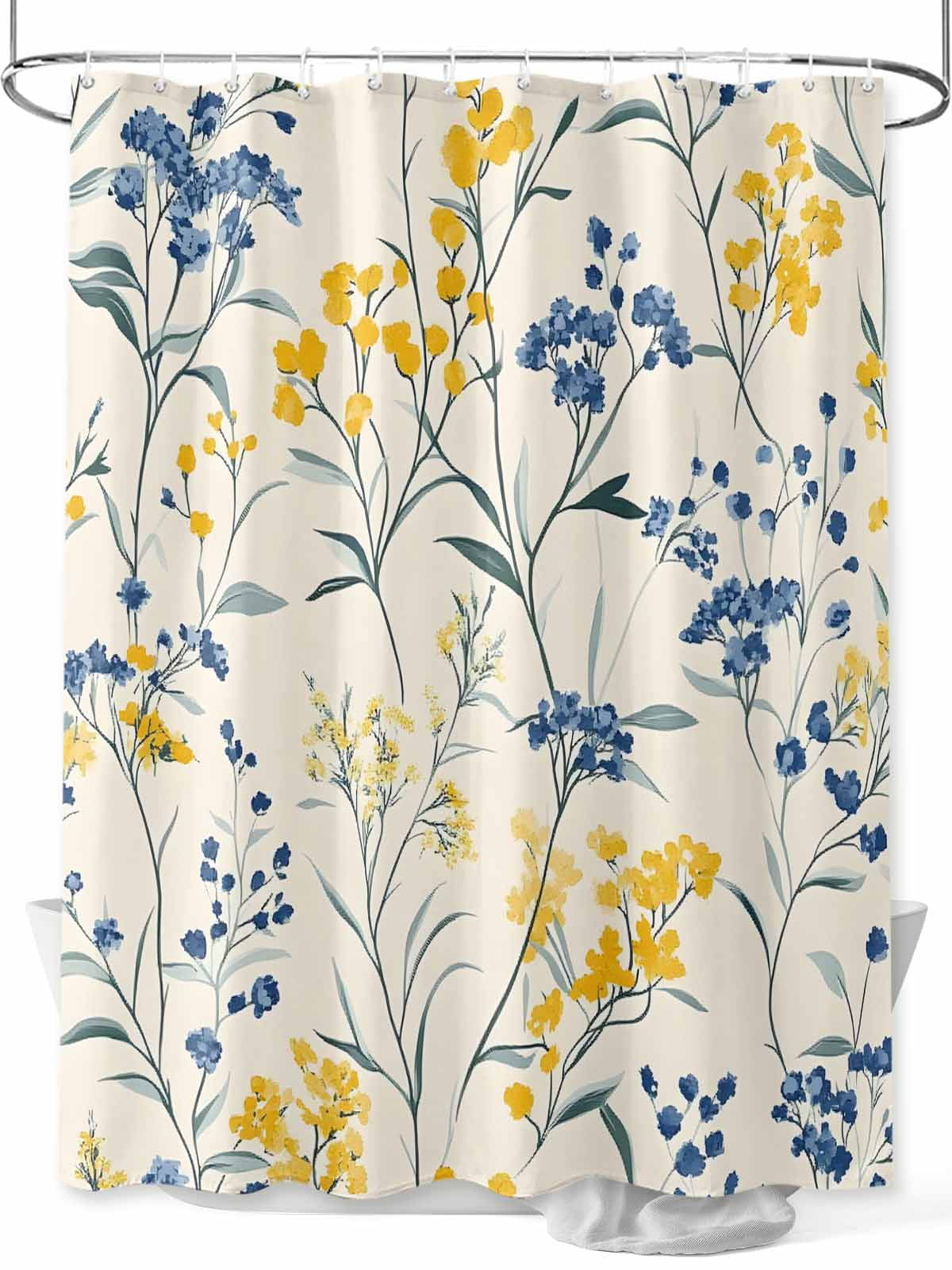Boanket Polyester Fabric Yellow Blue Flowers Shower Curtain, Watercolor ...