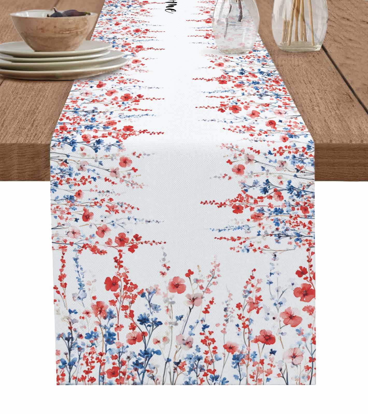 Boanket Red Blue Spring Floral Table Runner - 90 Inch Long, Kitchen ...