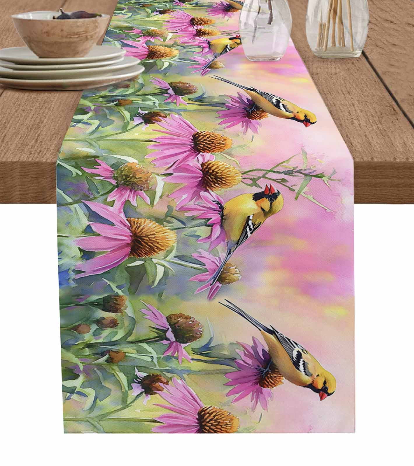 Boanket Red Floral Birds Table Runner - 72 Inch Long, Kitchen Dining ...