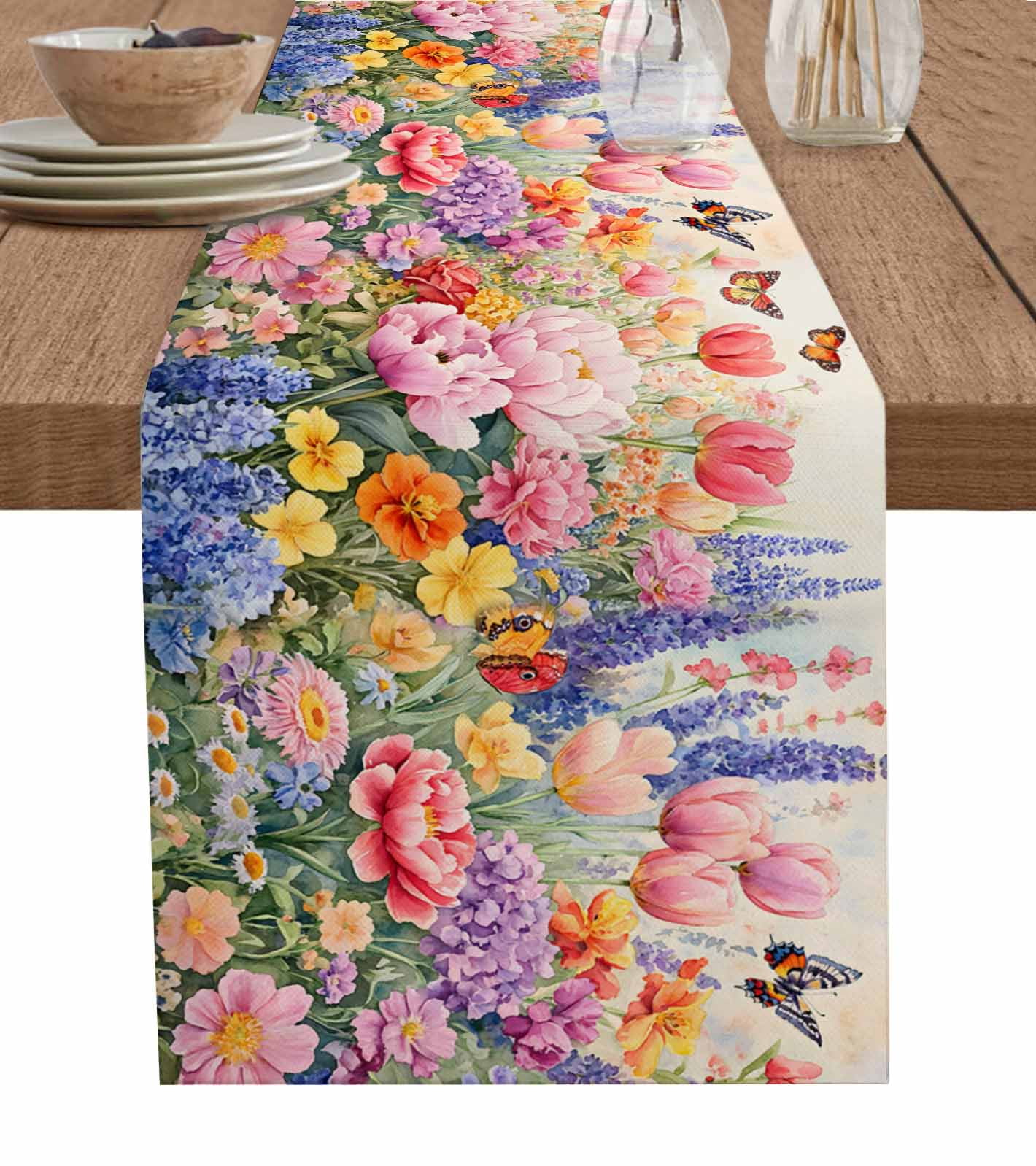 Boanket Red Pink Flowers Table Runner - 48 Inch Long, Kitchen Dining ...