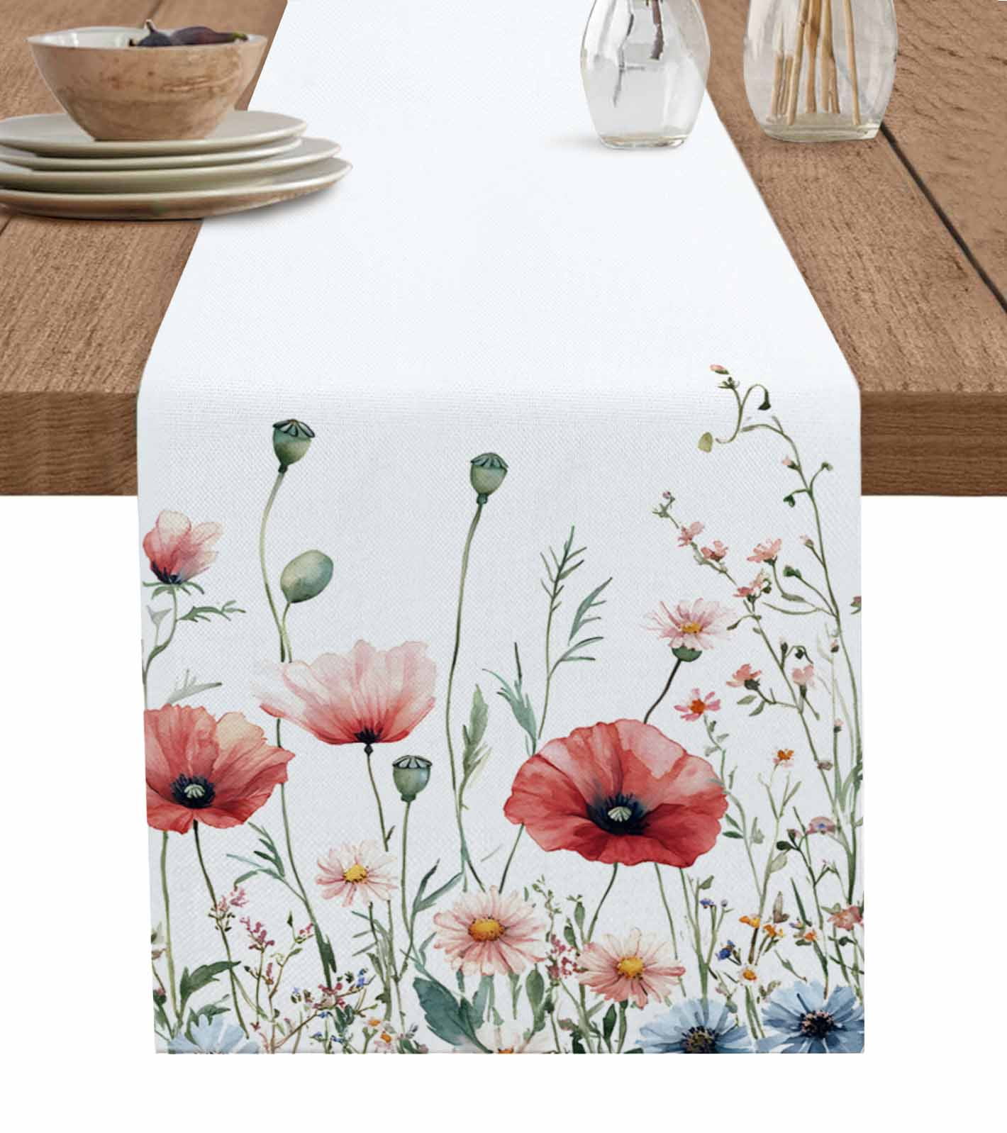 Boanket Red Poppy Flower Table Runner - 48 Inch Long, Kitchen Dining Table Runner Dresser ...