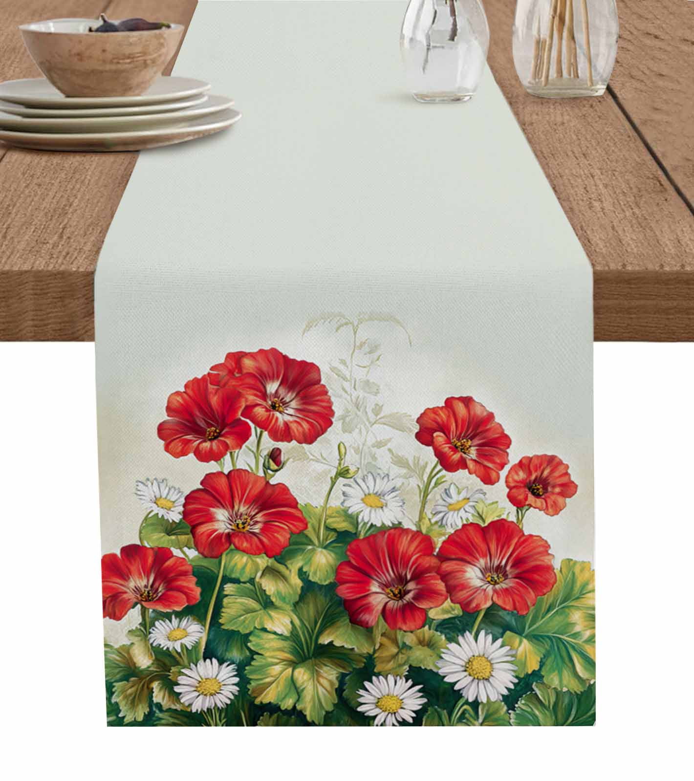 Boanket Red White Floral Table Runner - 48 Inch Long, Kitchen Dining Table Runner Dresser ...