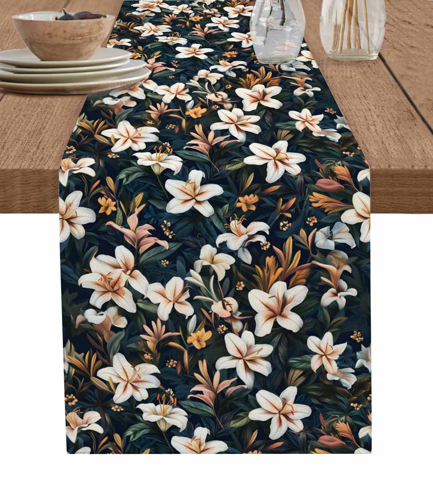 Boanket Retro White Flowers Table Runner - 108 Inch Long, Kitchen ...