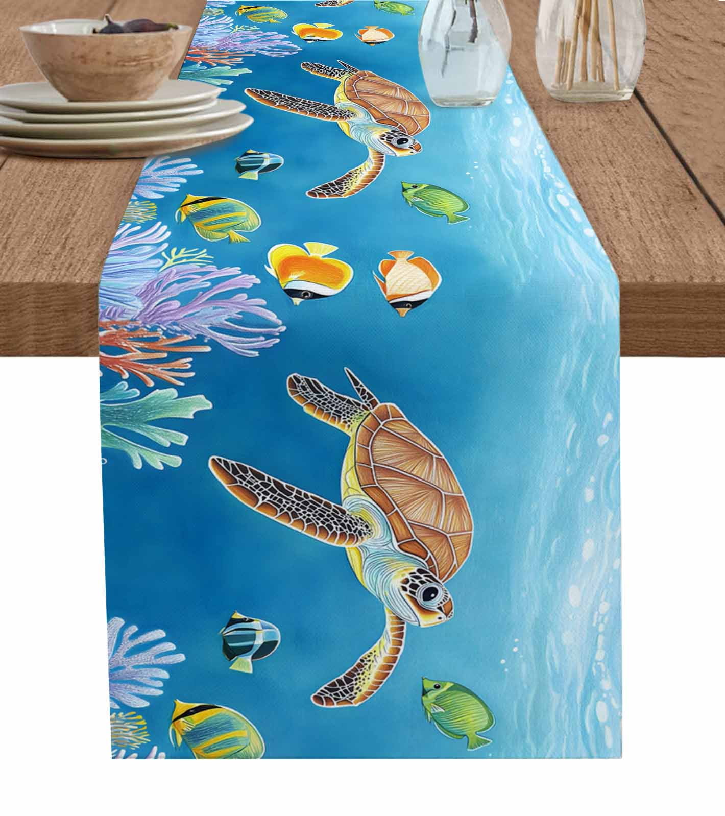 Boanket Sea Turtle Coastal Table Runner - 70 Inch Long, Kitchen Dining ...