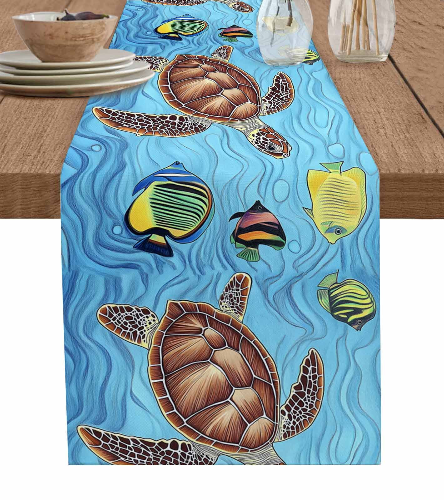 Boanket Sea Turtle Fish Table Runner - 90 Inch Long, Kitchen Dining ...