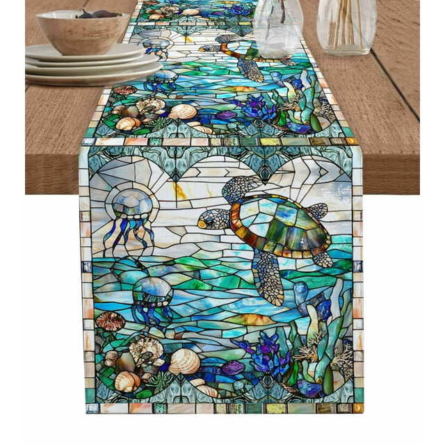 Boanket Stained Glass Sea Turtle Table Runner - 60 Inch Long, Kitchen ...