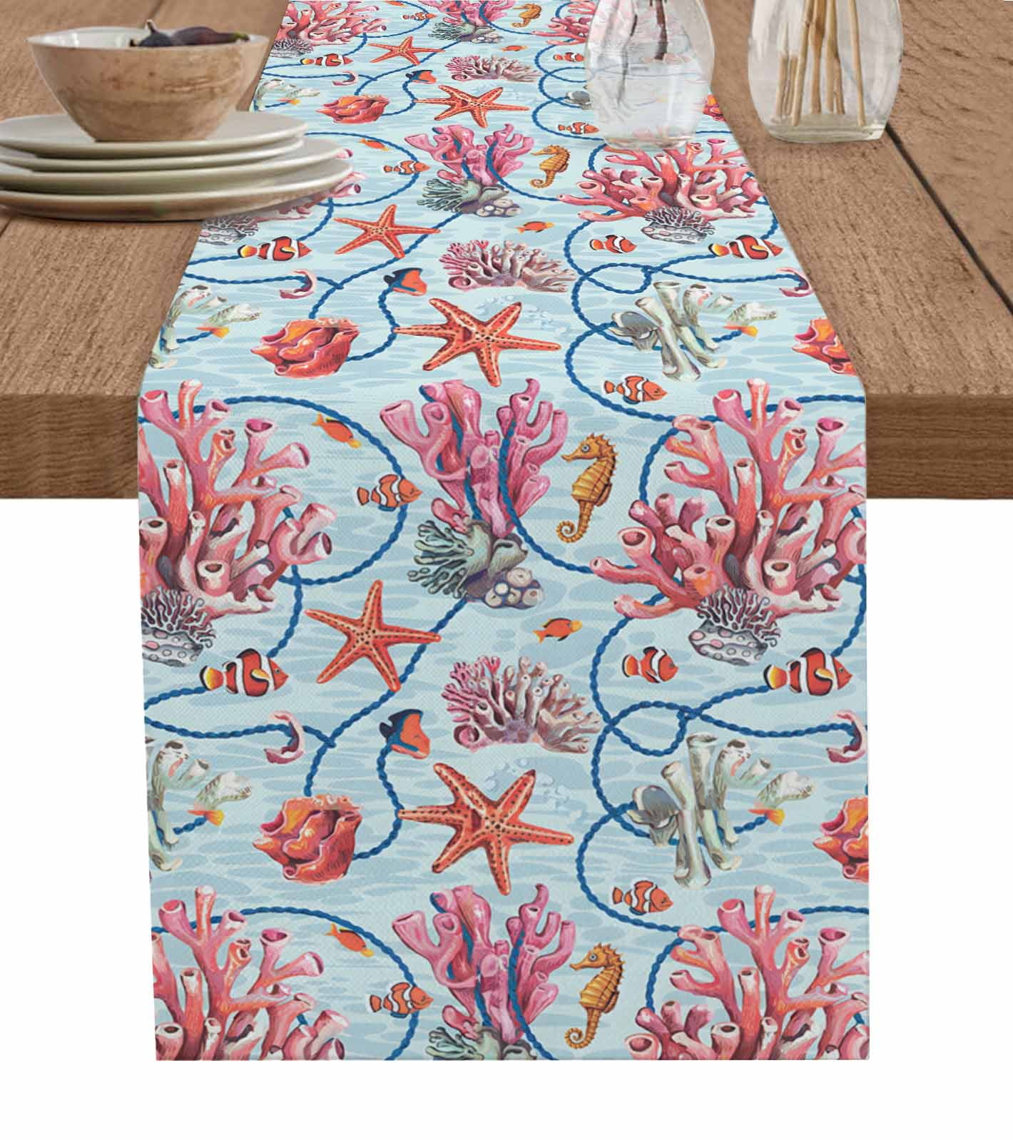 Boanket Summer Ocean Coral Table Runner - 72 Inch Long, Kitchen Dining ...