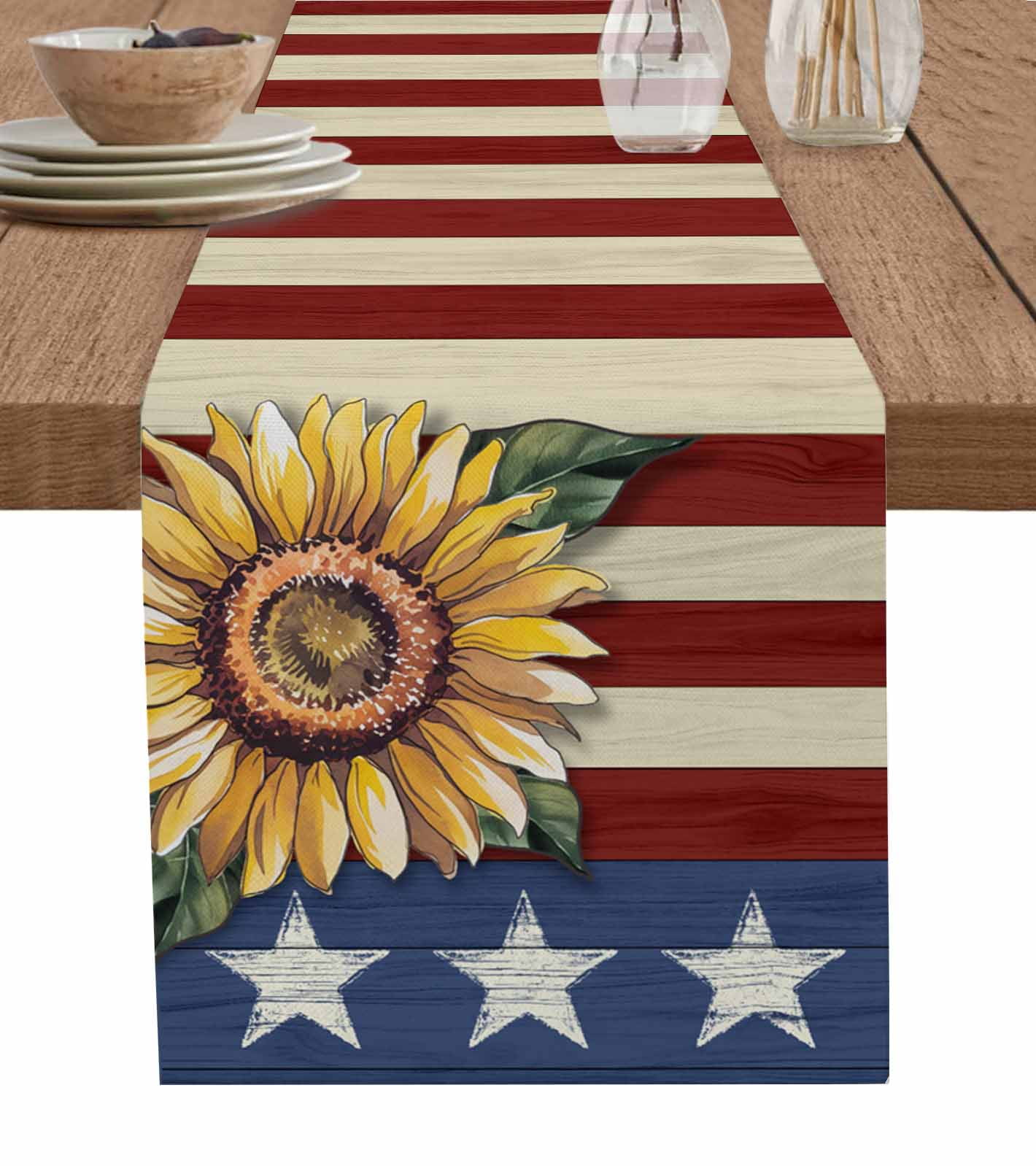 Boanket Sunflower America Flag Table Runner - 72 Inch Long, Kitchen ...