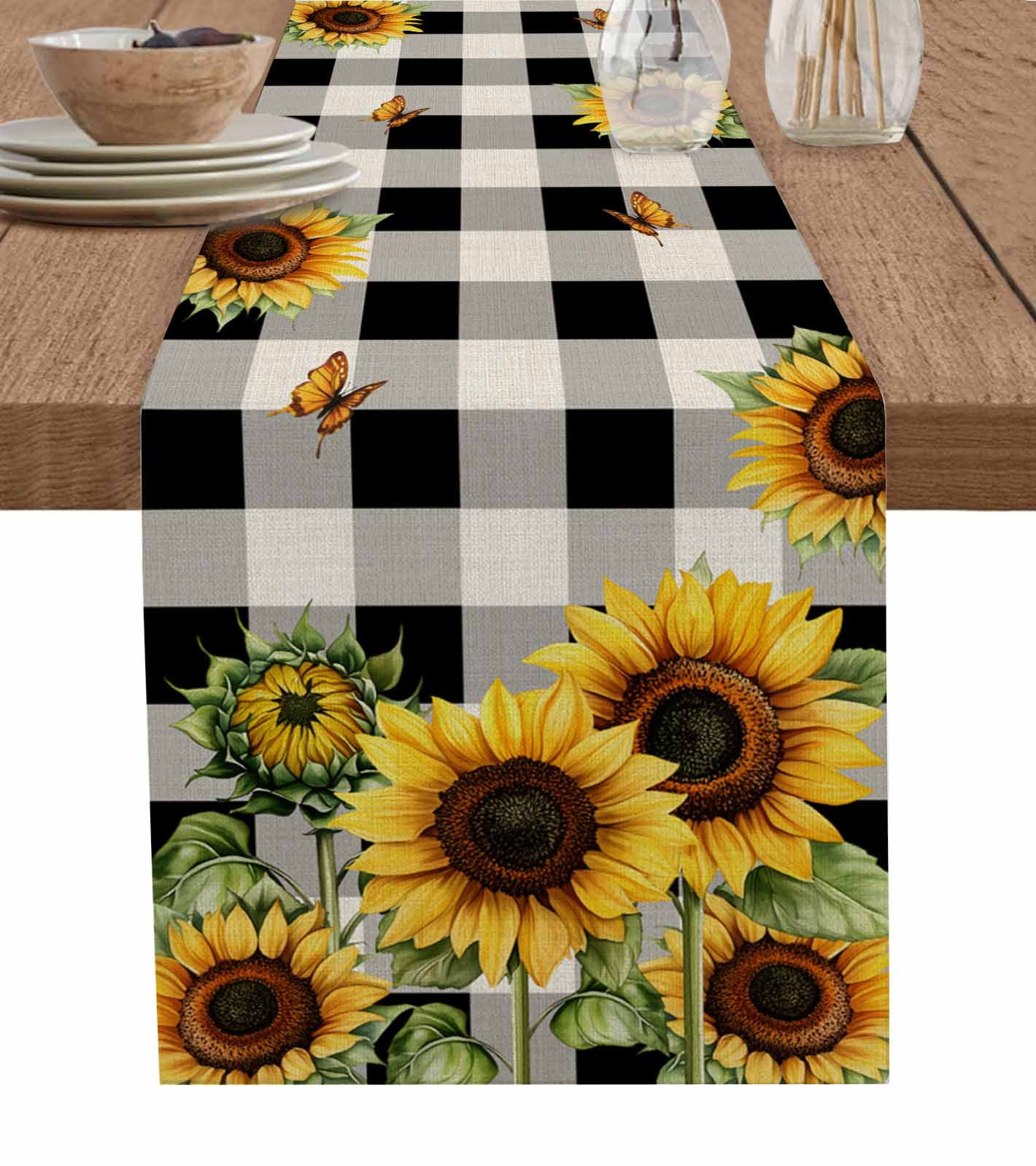 Boanket Sunflower Checkered Table Runner - 48 Inch Long, Kitchen Dining ...