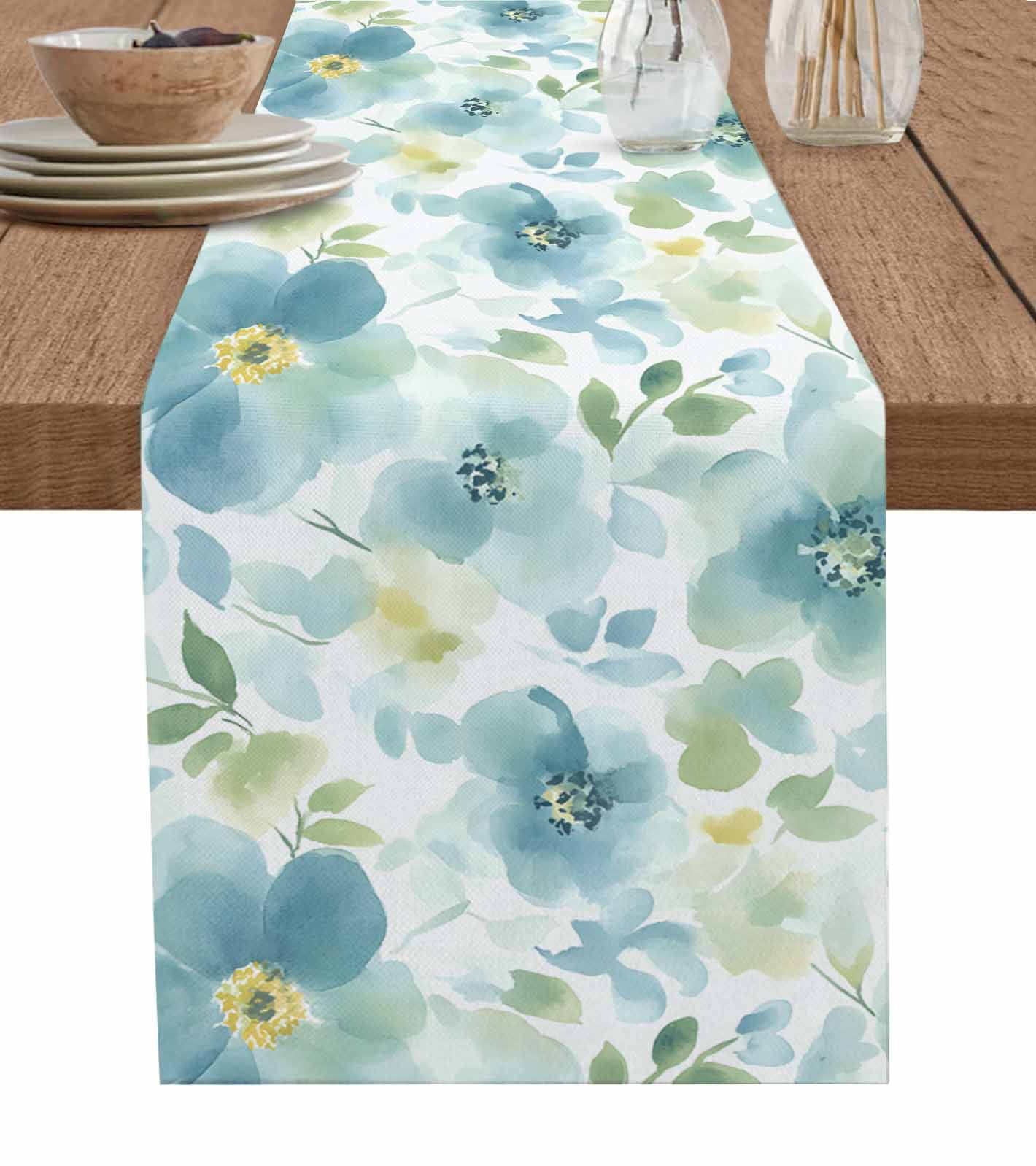 Boanket Teal Blue Flower Table Runner - 60 Inch Long, Kitchen Dining ...