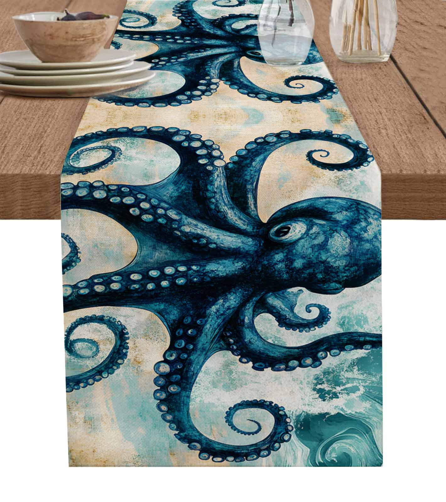 Boanket Teal Blue Octopus Table Runner - 120 Inch Long, Kitchen Dining ...