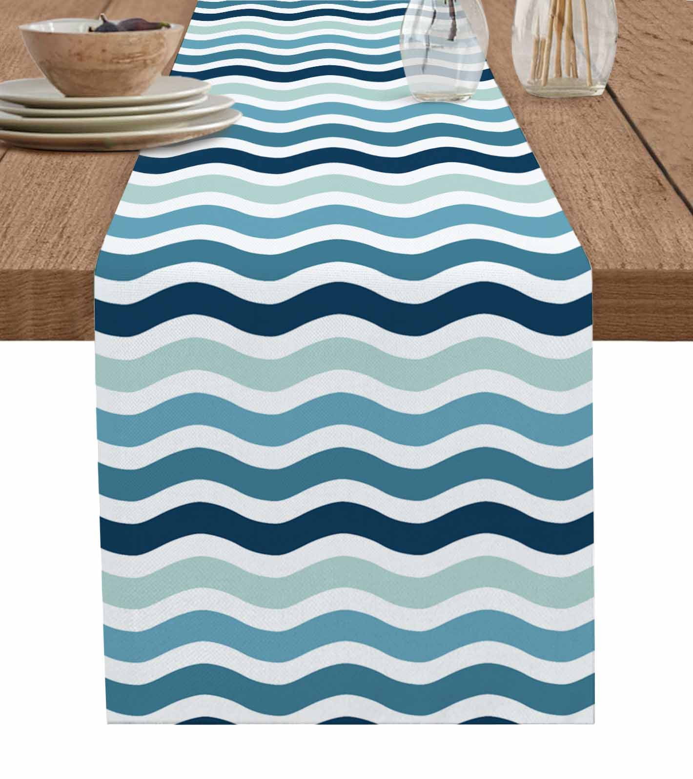 Boanket Teal Blue Stripes Ombre Table Runner - 108 Inch Long, Kitchen ...