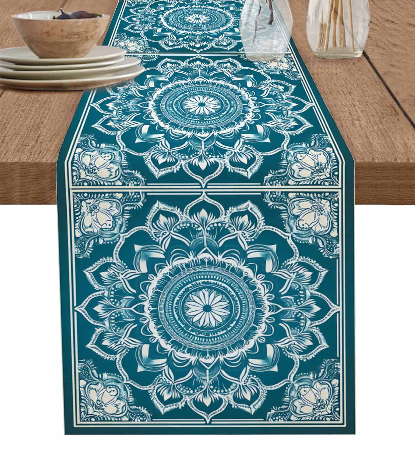 Boanket Teal Boho Table Runner - 60 Inch Long, Kitchen Dining Table ...